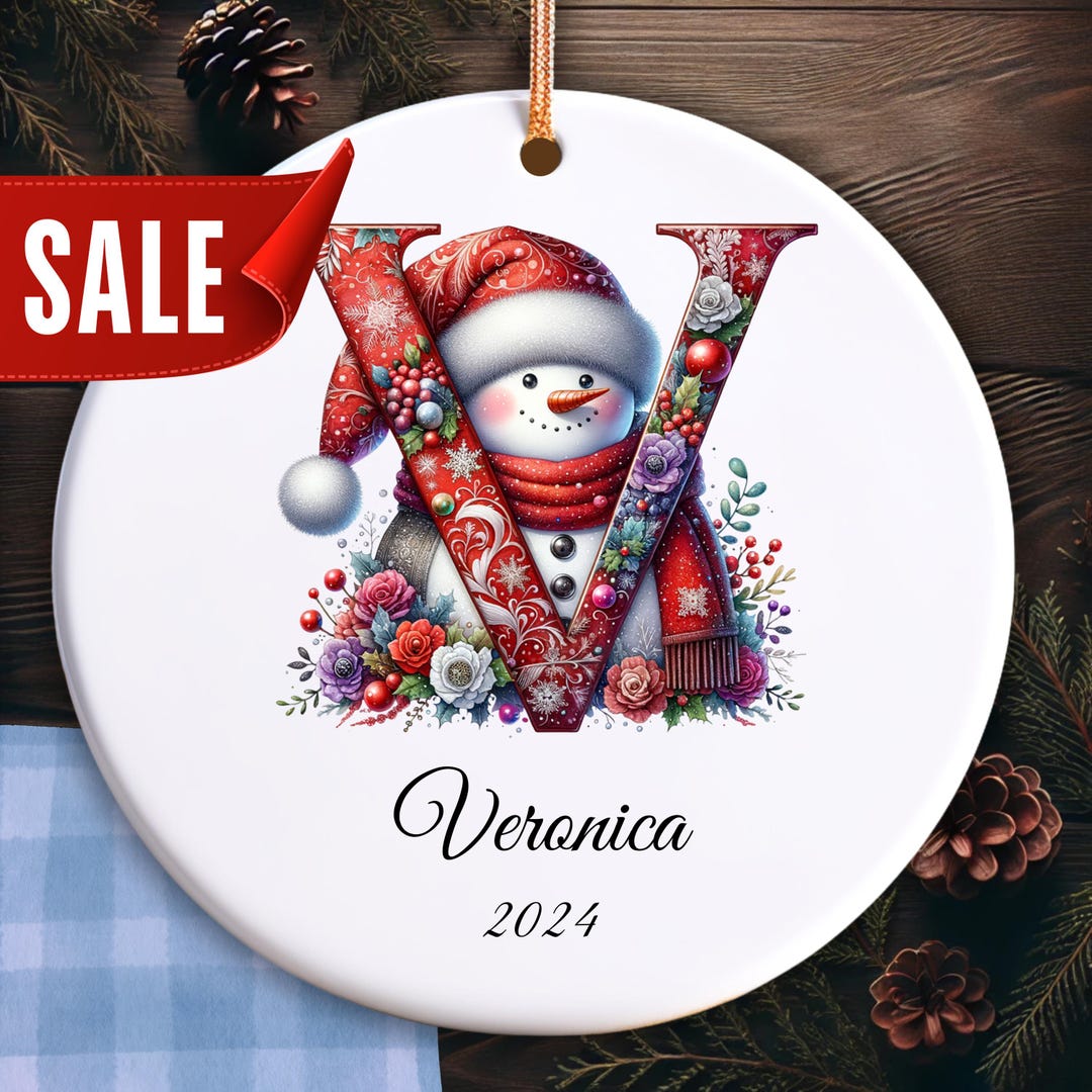 Personalized Letter v Name Ornament, Snowman Monogram Alphabet Ornament ...