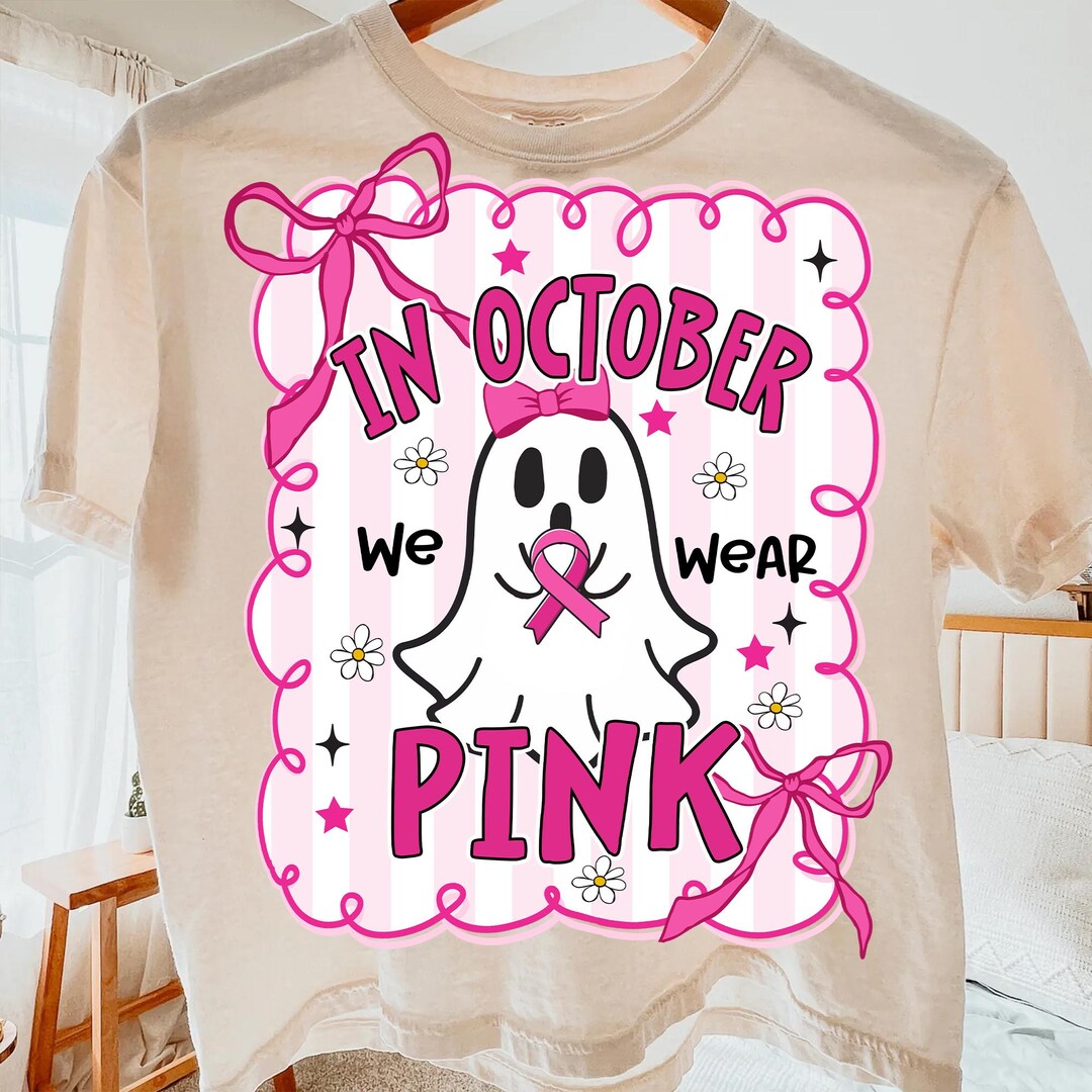 Preppy in October We Wear Pink PNG, Retro Pink Ghost Breast Cancer ...