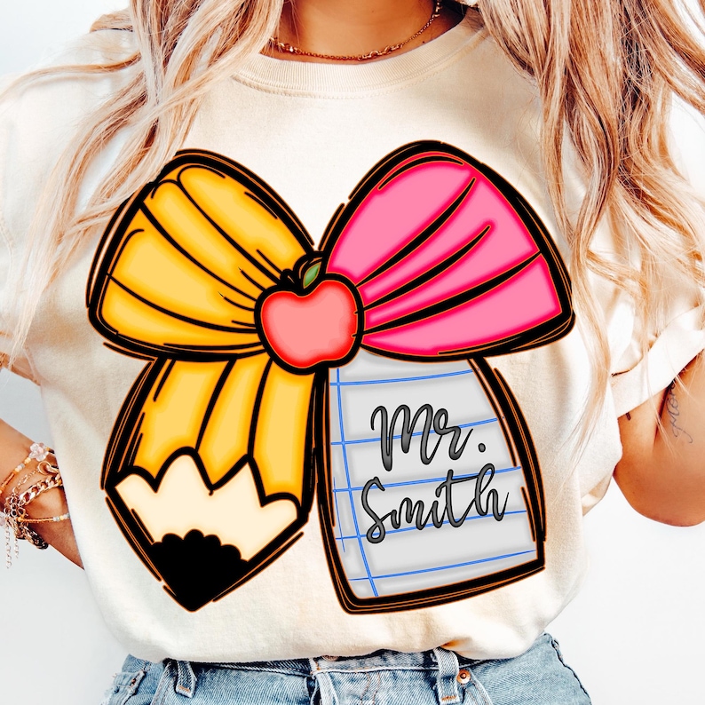 Preppy Coquette Teacher PNG, Personalized Name Pencil Design, Back to ...