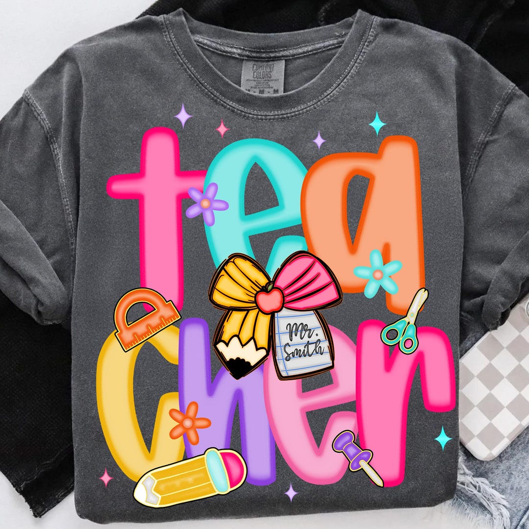 Preppy Back to School Teacher PNG, Floral Pencil Bow Name Tag PNG ...