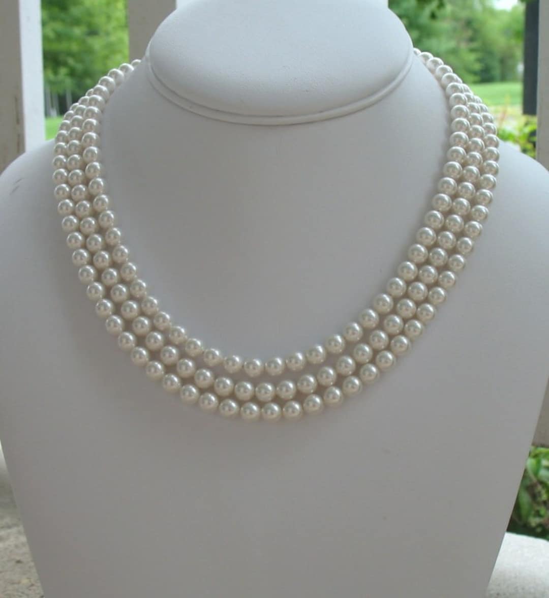 Chunky Pearl Necklace, Bridal Necklace, Wedding Jewelry, Triple Strand ...
