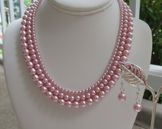 Pink Pearl Necklace Set Graduated Pearl Necklace Pink Necklace Set ...