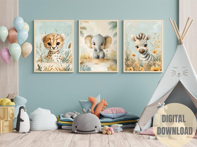 Safari Boho Nursery Wall Art Giraffe Prints, Safari Nursery Neutral ...