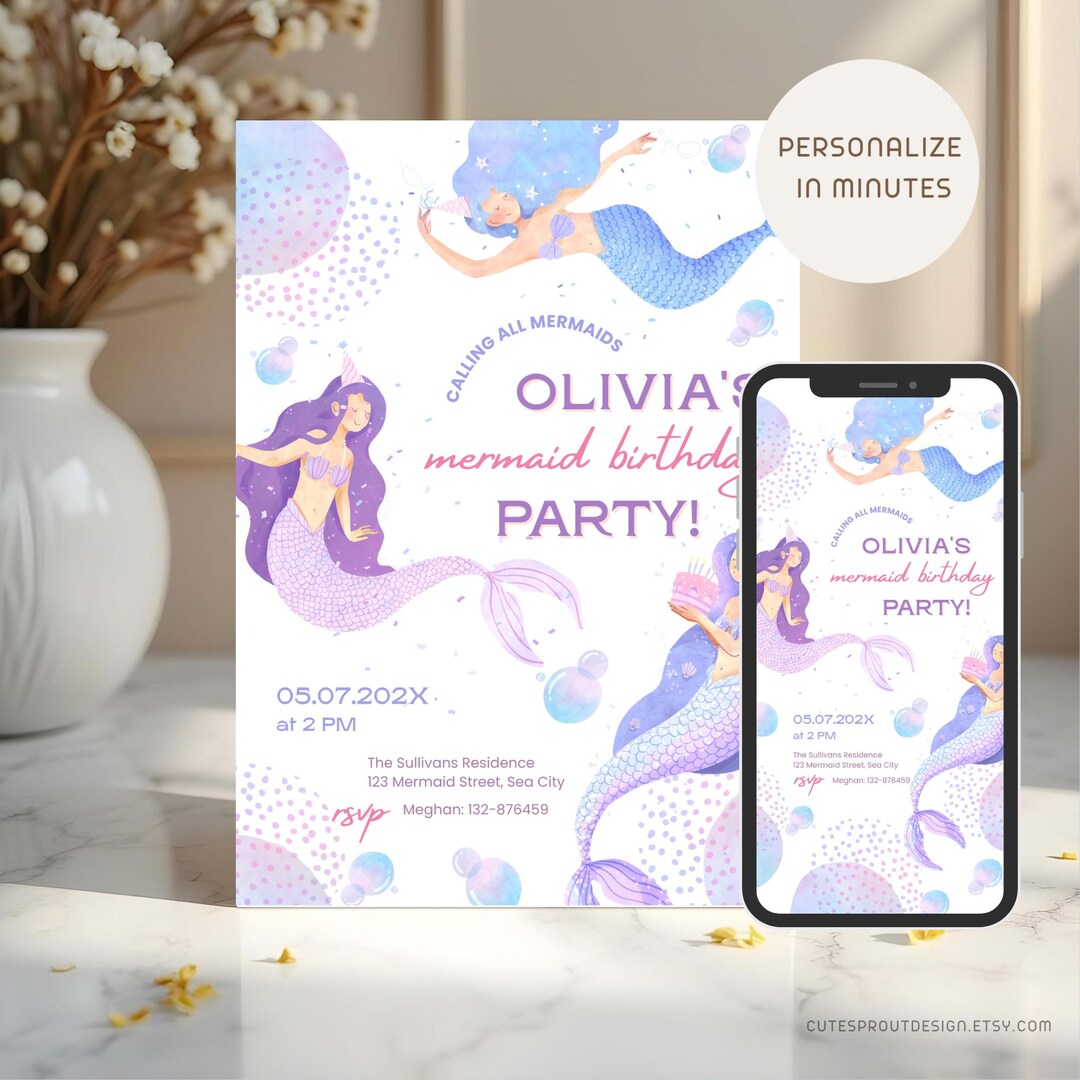 Mermaid Twins Birthday Invitation, Under the Sea Party (canva E-vite ...
