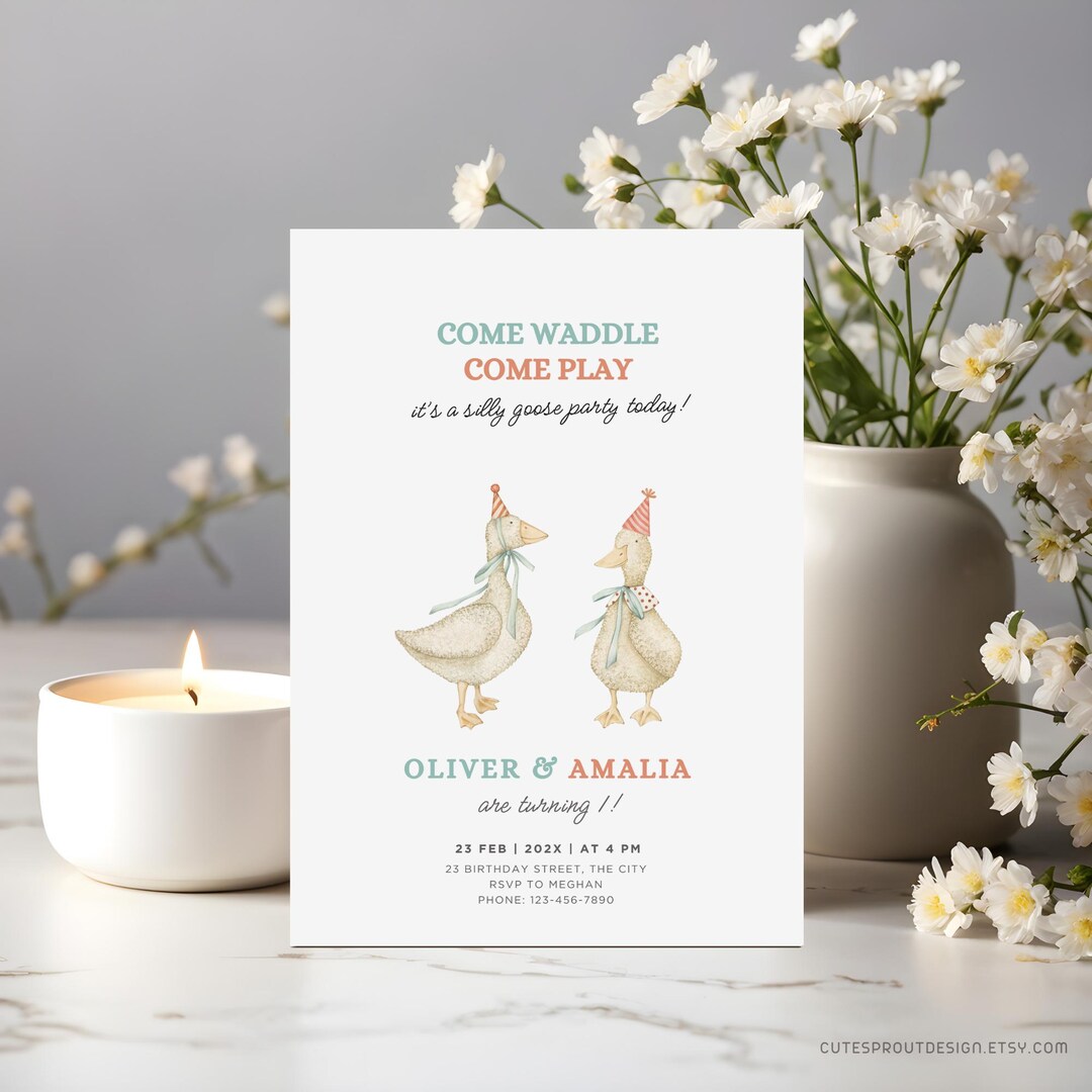 Boy Girl Twin Birthday Invite Editable One Silly Goose Birthday Party ...