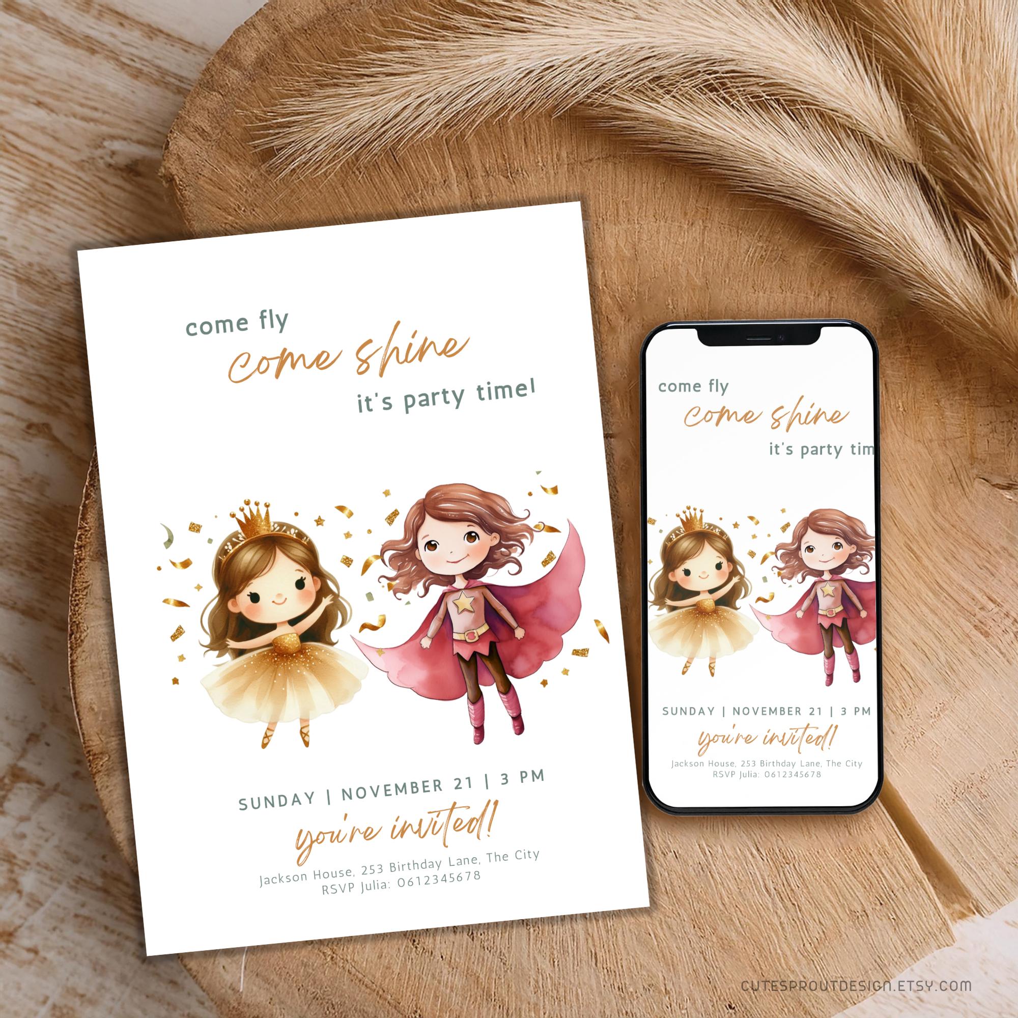 Princess and Superhero Birthday Party Invitation Twin Girls, Custom ...