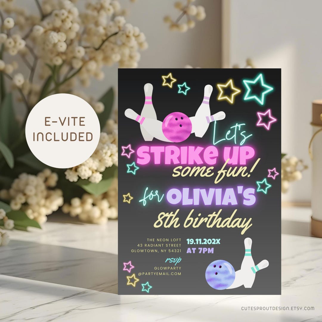 Neon Bowling Birthday Party Invitation Template, Glow Girls Bowling ...