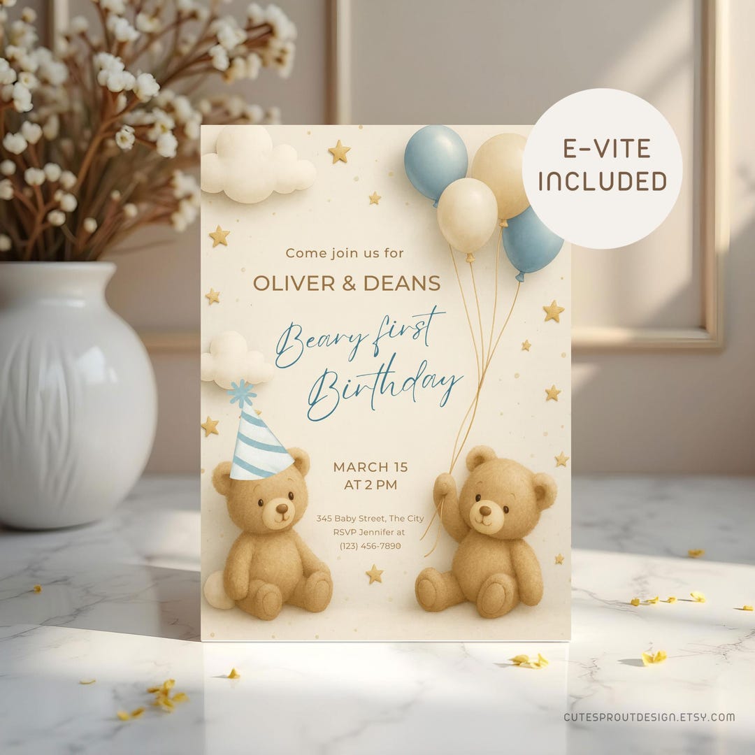 Twin First Birthday Invitation for Boys, Sibling Beary First Birthday ...