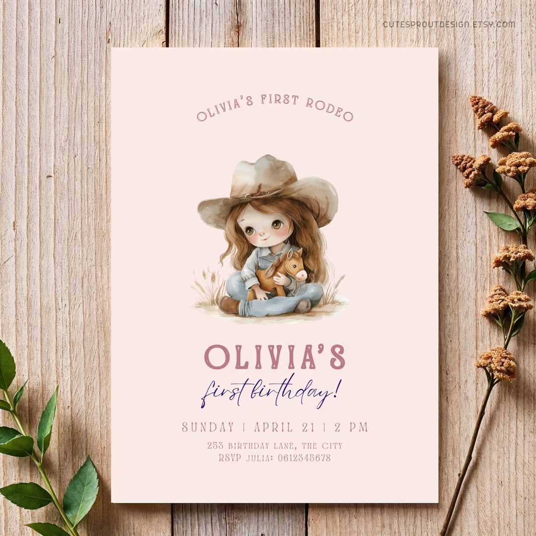 Editable My First Rodeo Birthday Invitations Girl First Birthday Girl ...
