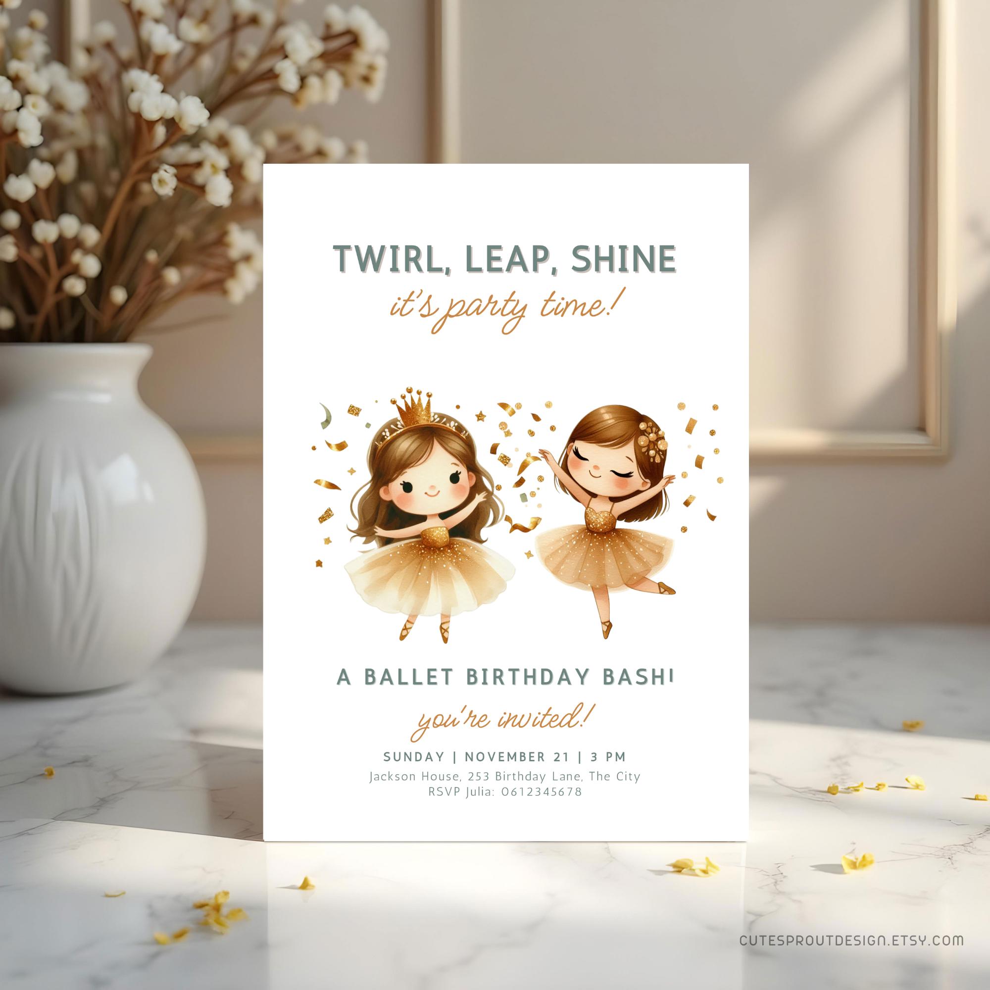 Duo Princess 4th Birthday Invitation Twin Ballerina Custom Kids ...