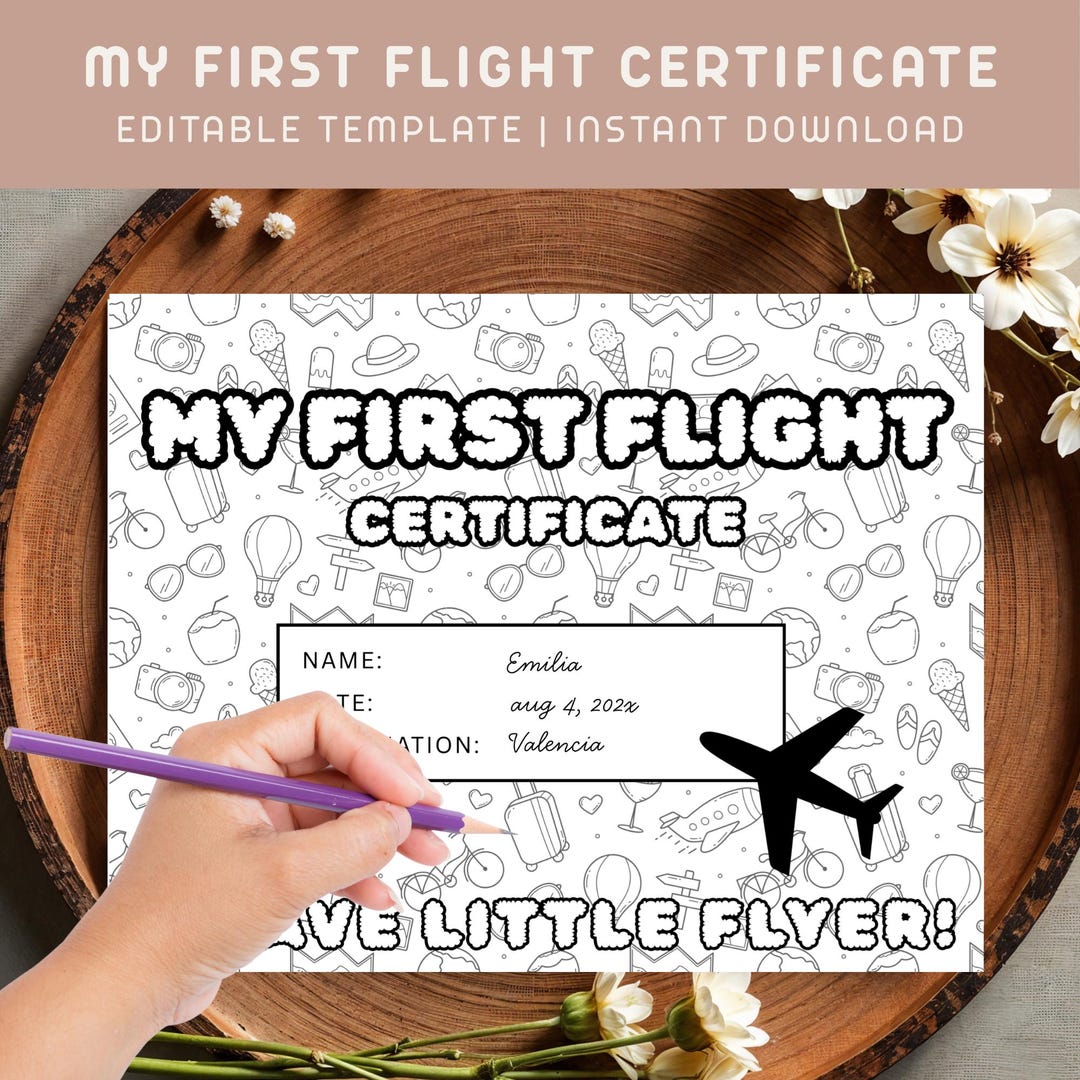 Editable My First Flight Certificate for Kids Coloring Page Travel ...