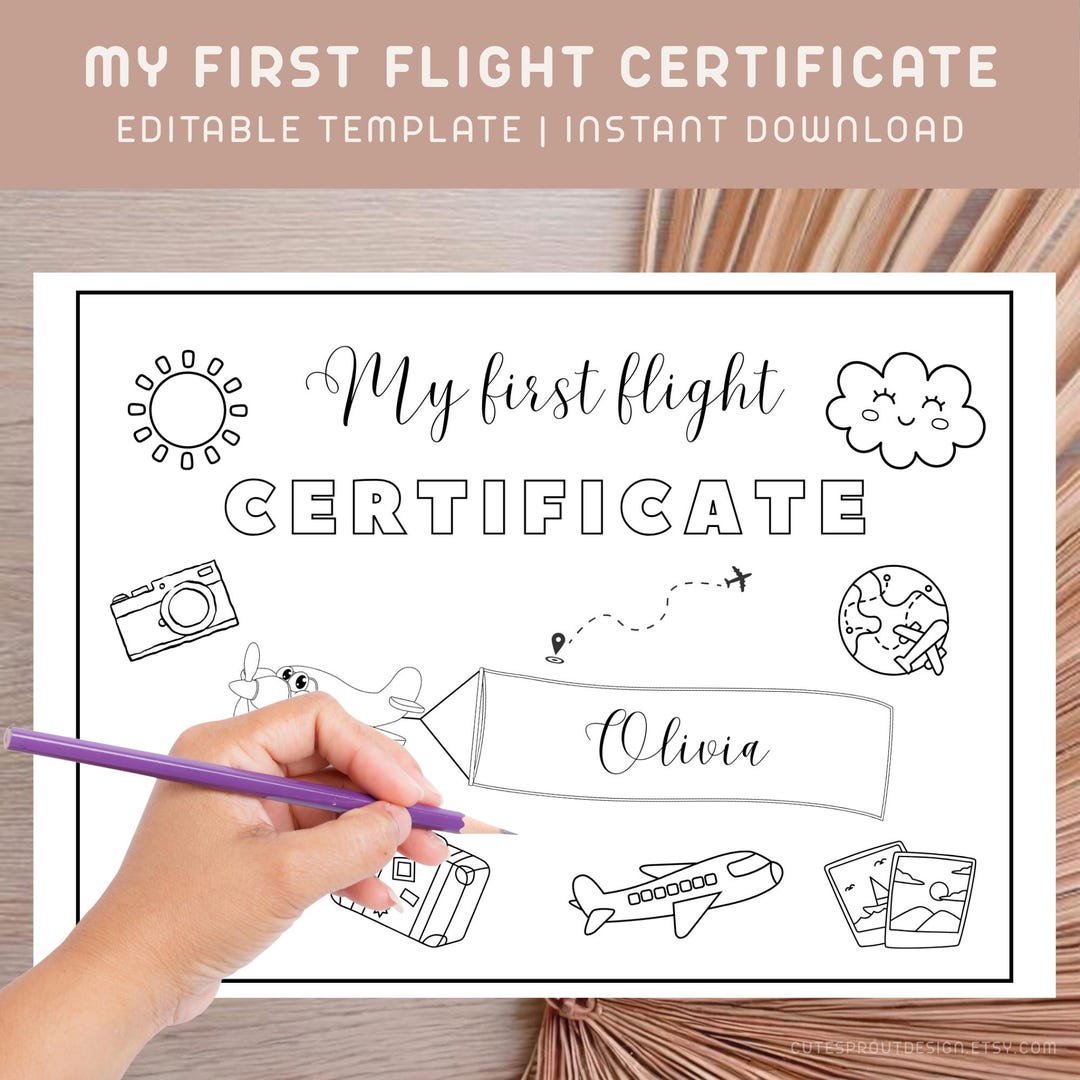 Editable My First Flight Certificate for Kids Coloring Page Travel ...