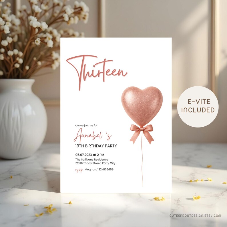 13th Birthday Invitation Canva Template | Rose Gold Heart Balloon Teen ...