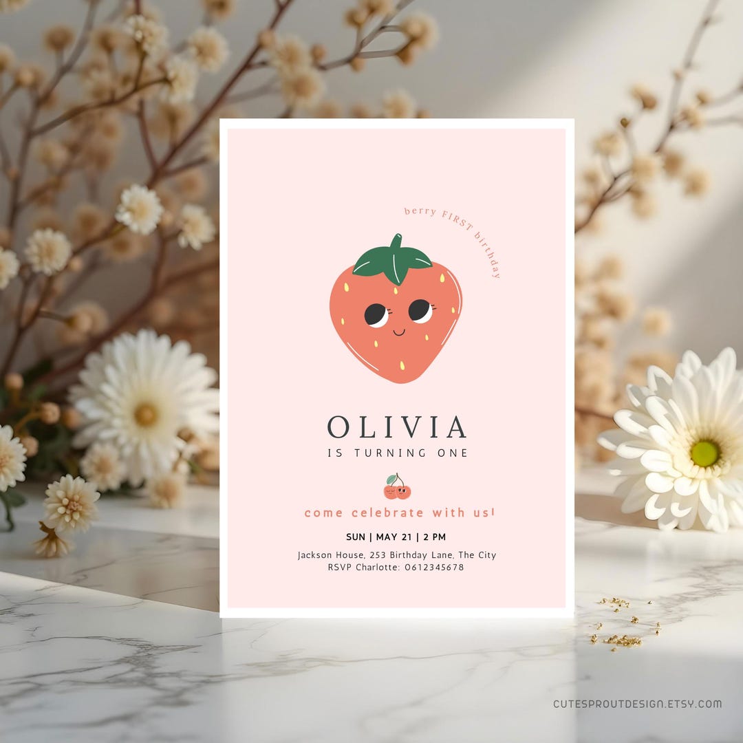 Editable Strawberry Birthday Invitation Berry First Birthday Berry ...