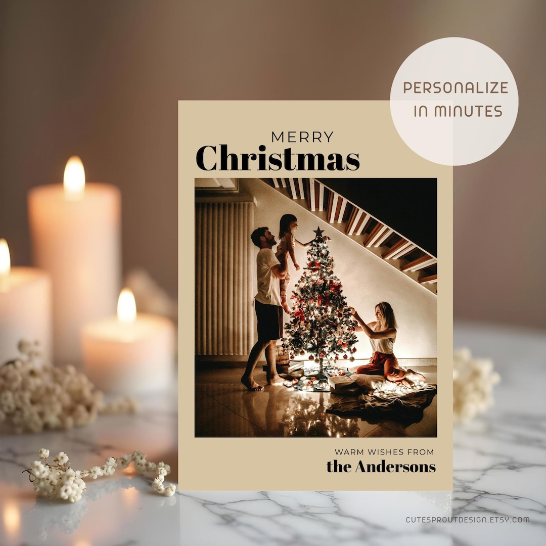 Boho Holiday Picture Card Template | Editable Canva Christmas Card ...