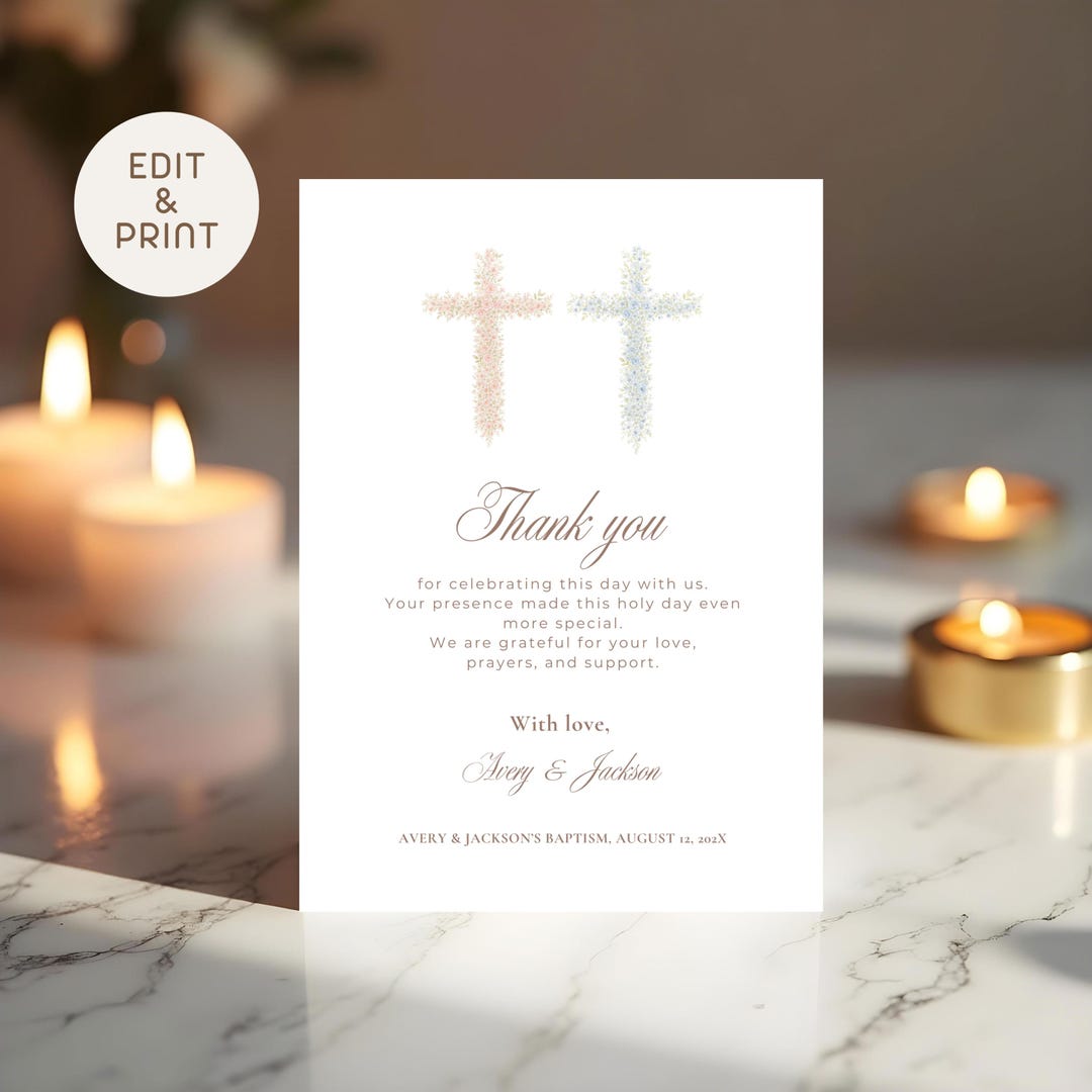 Baptism Thank You Card Template for Twins, Sibling Christening Thank ...