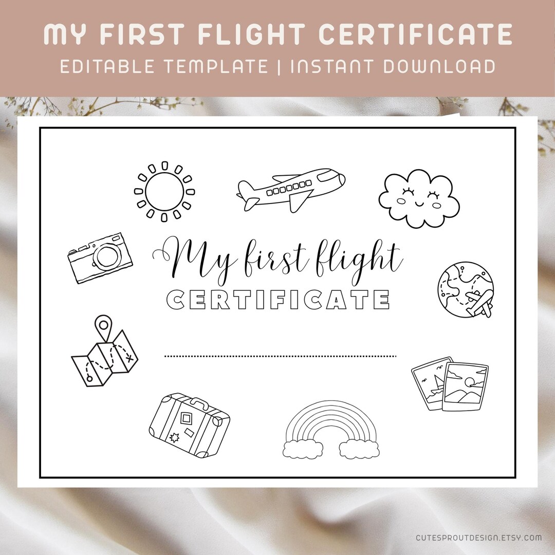 My First Flight Certificate for Kids Editable Coloring Page Travel ...