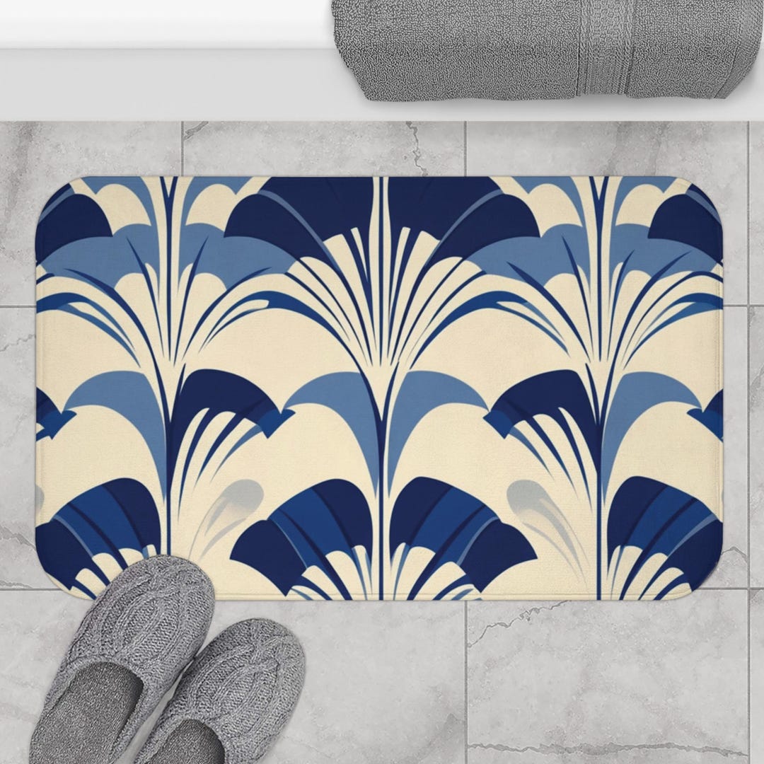 Art Deco Bath Mat : Blue Geometric Pattern, Non Slip Bathroom Rug ...
