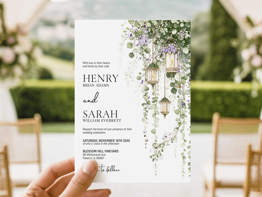 Elegant Greenery Lantern Wedding Invitation | Purple Floral Eucalyptus ...