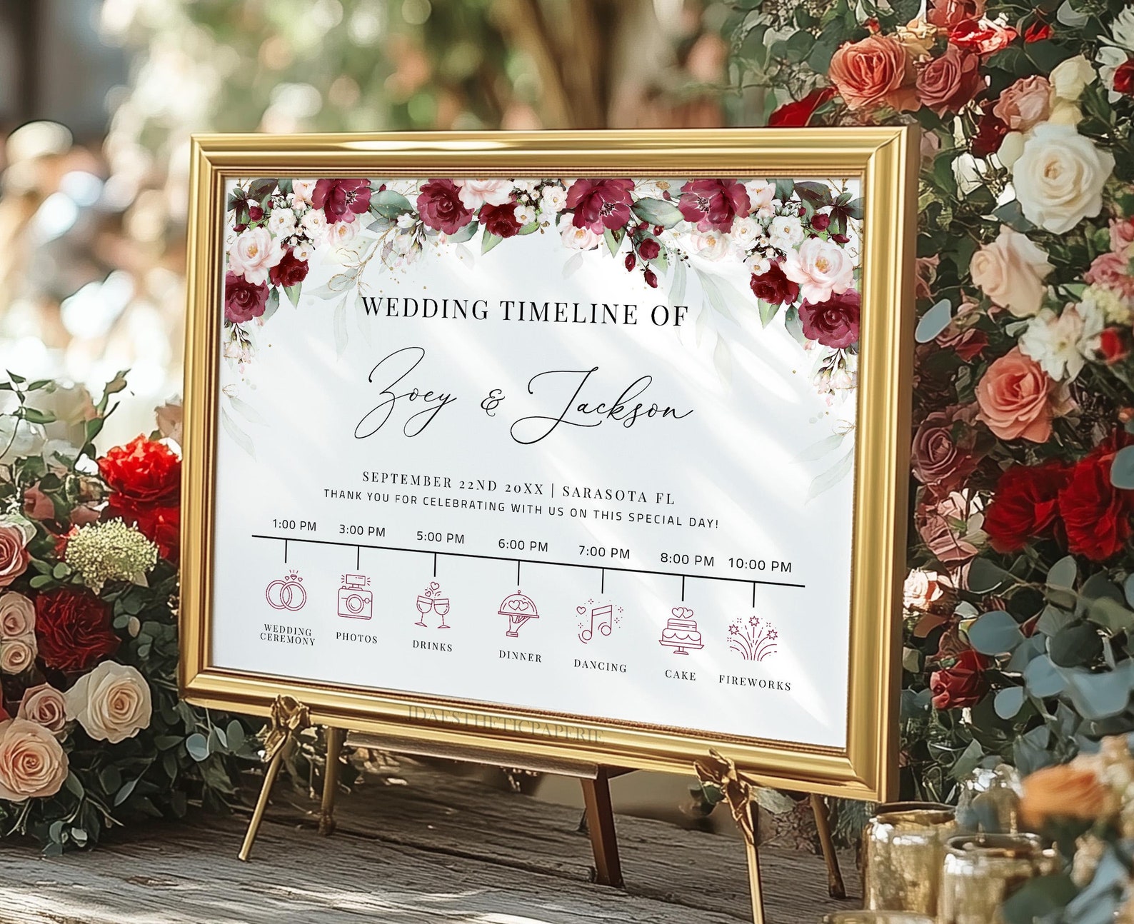 Burgundy and Blush Wedding Timeline Sign, Greenery Wedding Sign, 24x36 ...