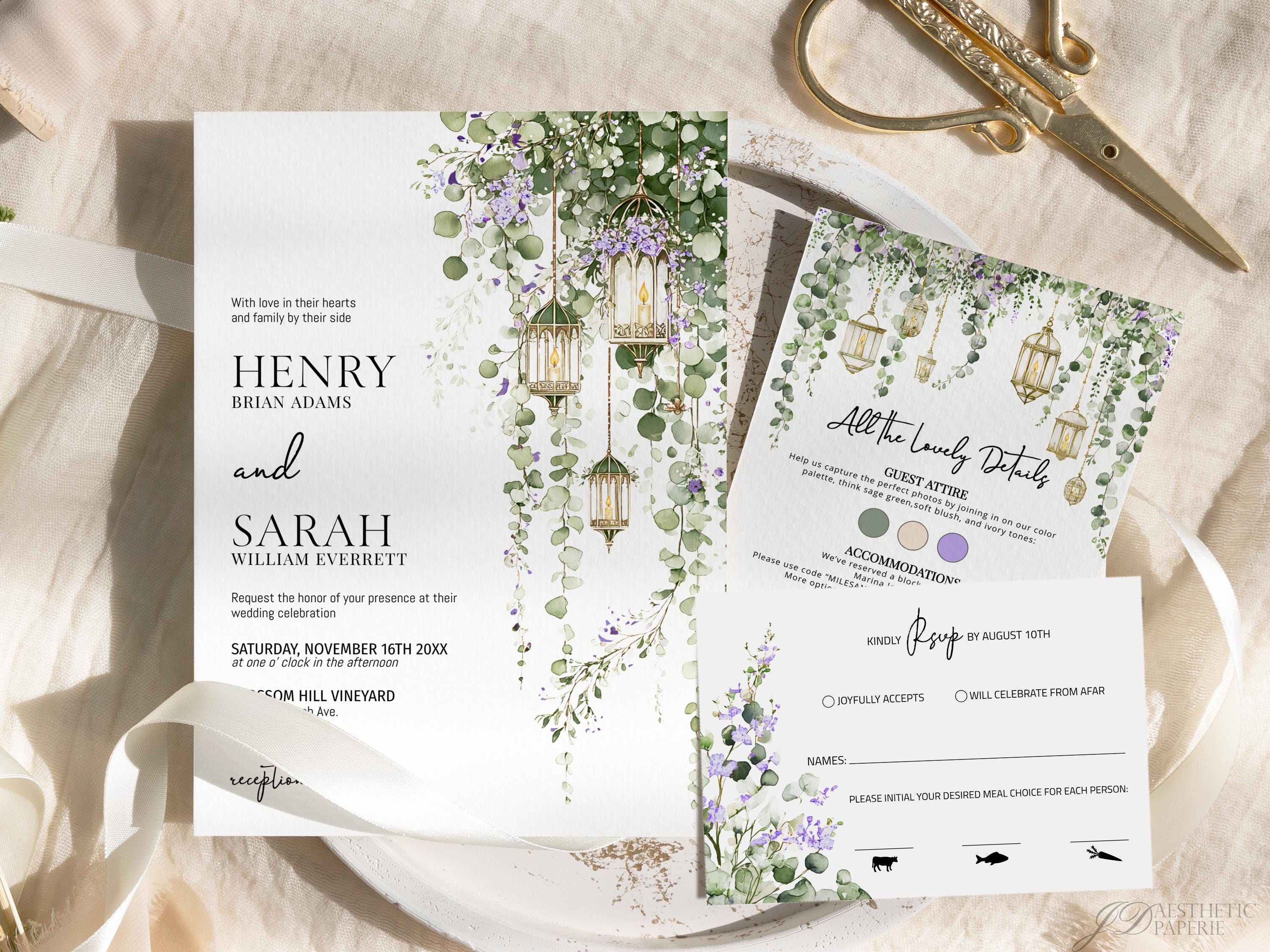 Sage Green and Purple Lantern Wedding Invitation Set, Eucalyptus Floral ...