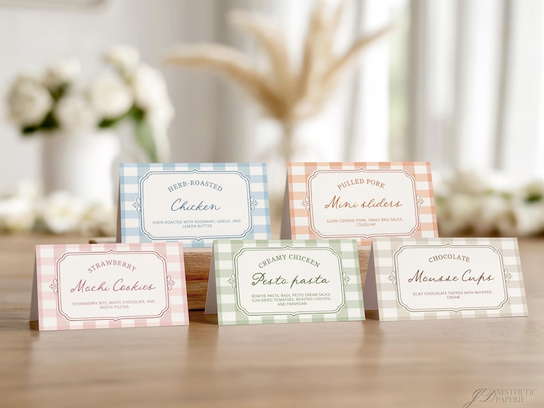 Pastel Gingham Food Label Tent Cards, Buffet Menu Cards for Party ...