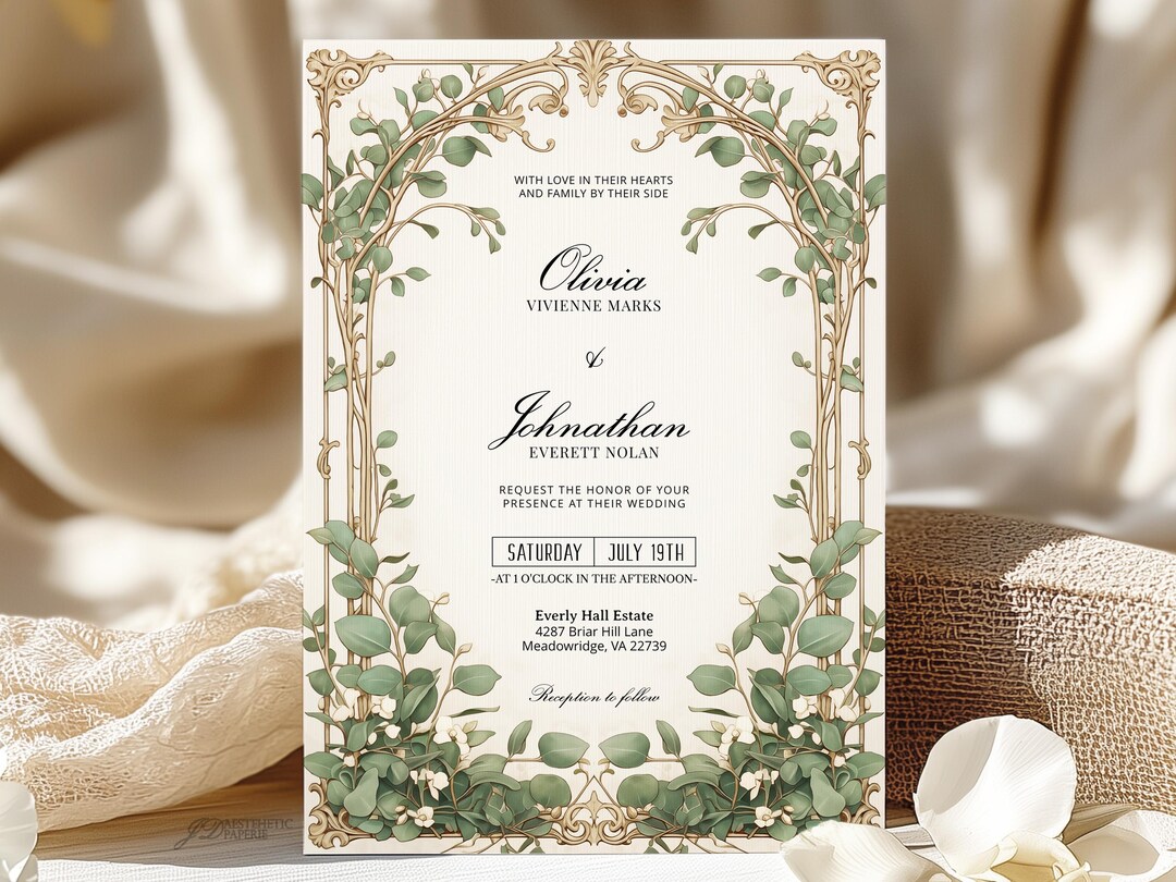 Elegant Eucalyptus Greenery Wedding Invitation Template Printable, Sage Green and Gold Wedding ...