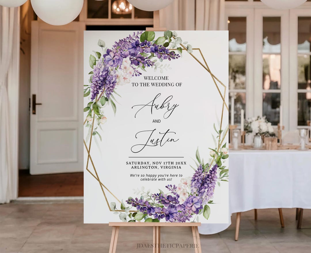 Purple Wisteria Wedding Welcome Sign, Floral Gold Frame Welcome Poster ...