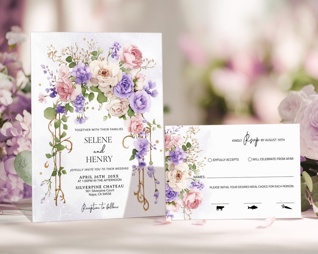 Pastel Purple and Blush Modern Wedding Invitation With RSVP, Lavender ...