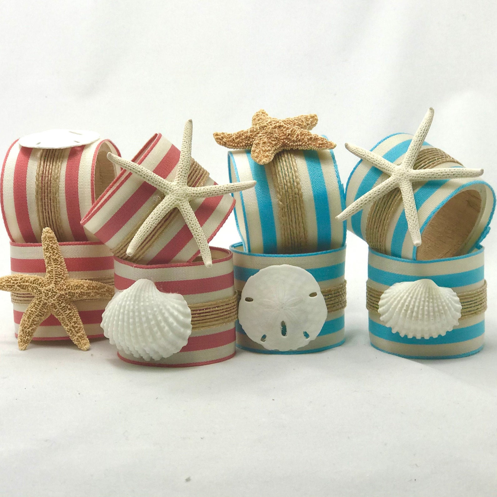 Shell Napkin Ring With Blue or Coral Stripe Ribbon Beach - Etsy