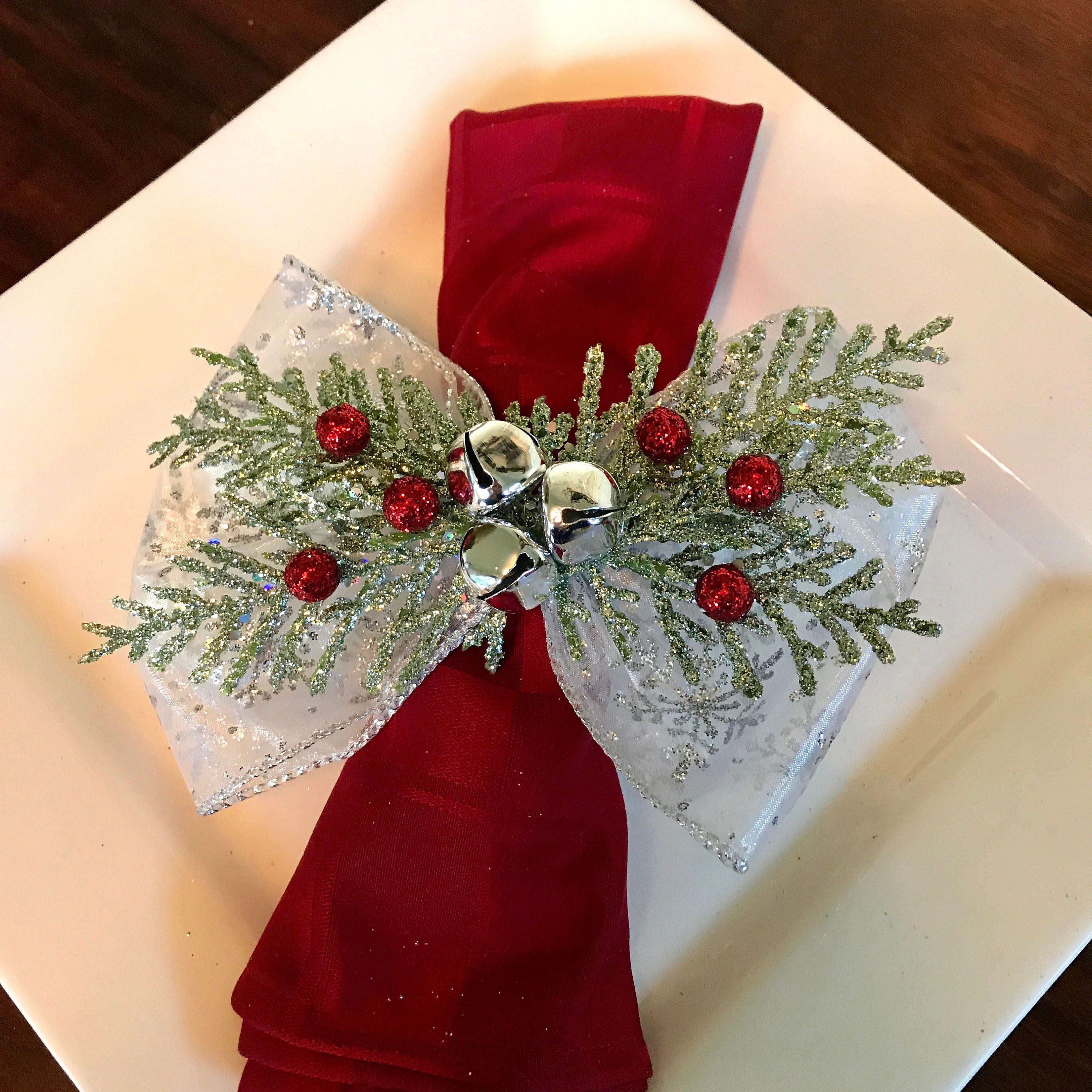 Napkin Rings - green cedar branches and silver jingle bells with ...