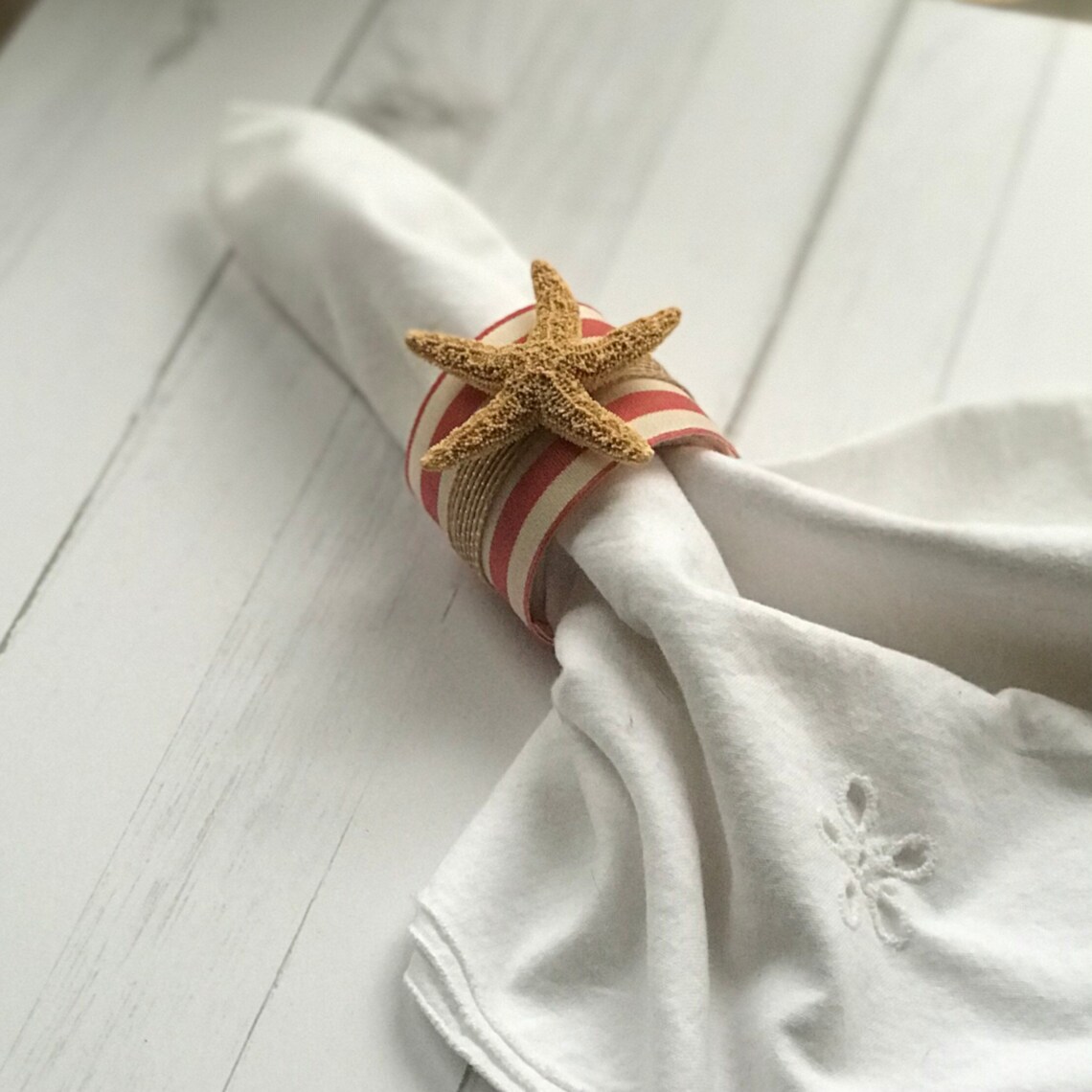 Shell Napkin Ring With Blue or Coral Stripe Ribbon Beach - Etsy