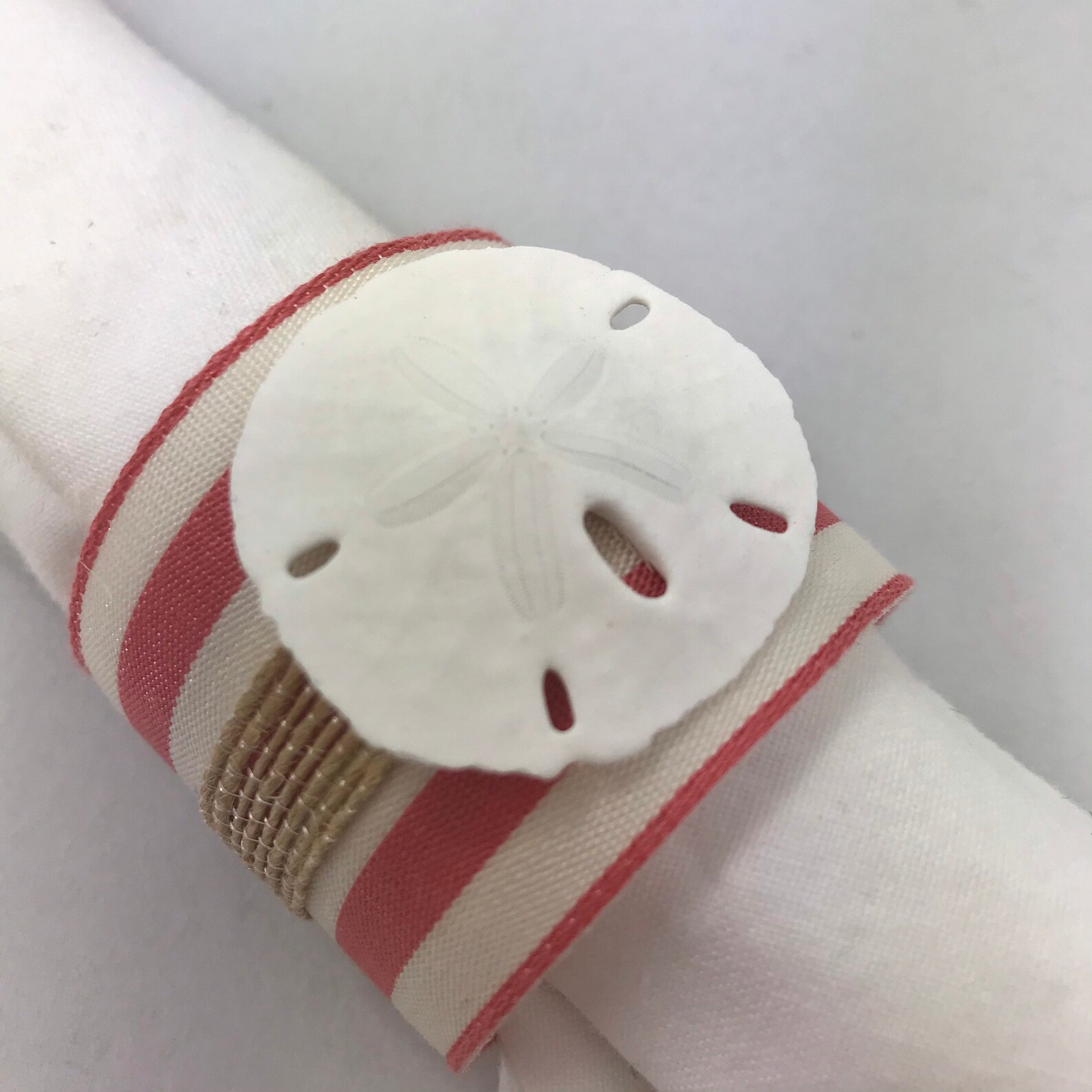 Shell Napkin Ring With Blue or Coral Stripe Ribbon Beach - Etsy