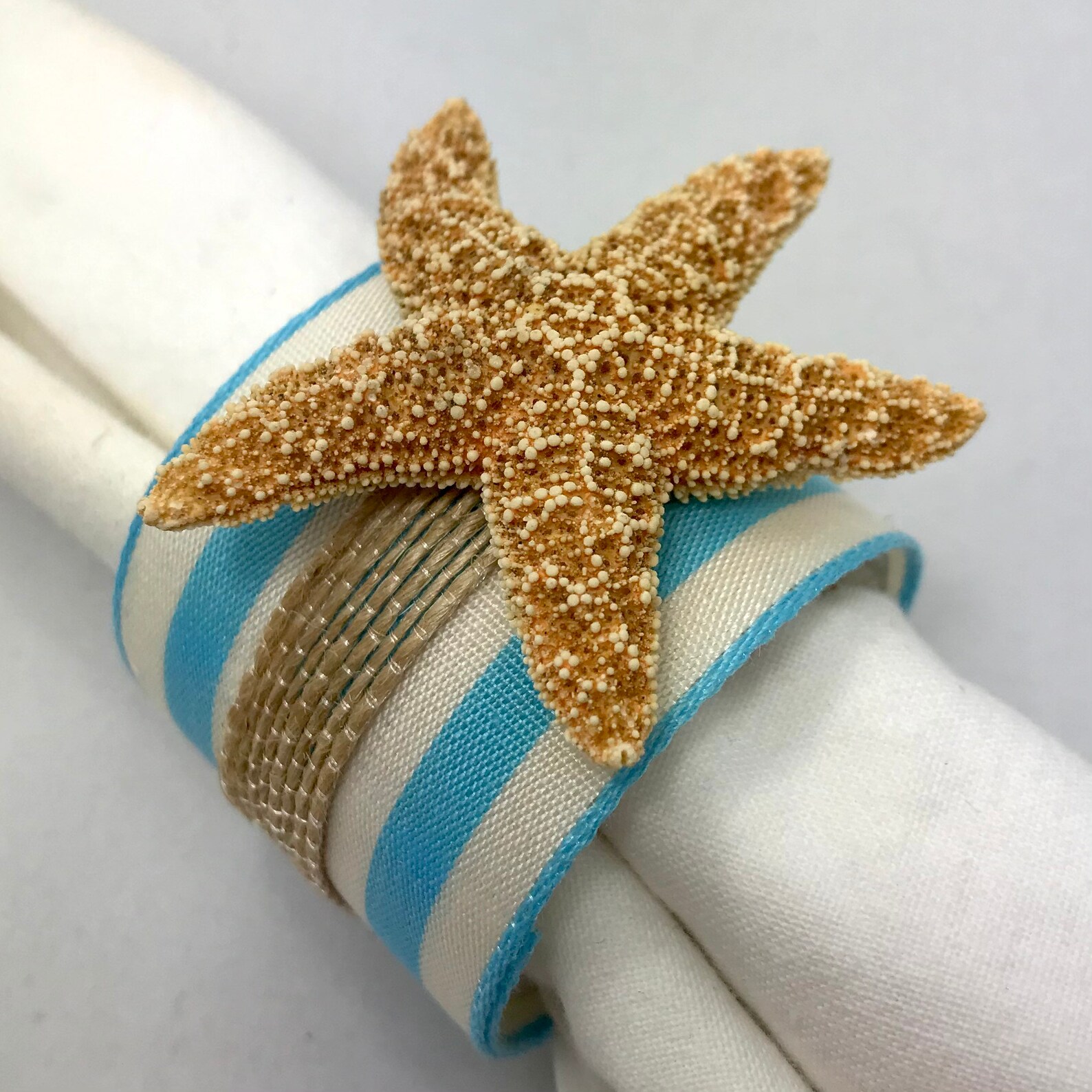 Shell Napkin Ring With Blue or Coral Stripe Ribbon Beach - Etsy