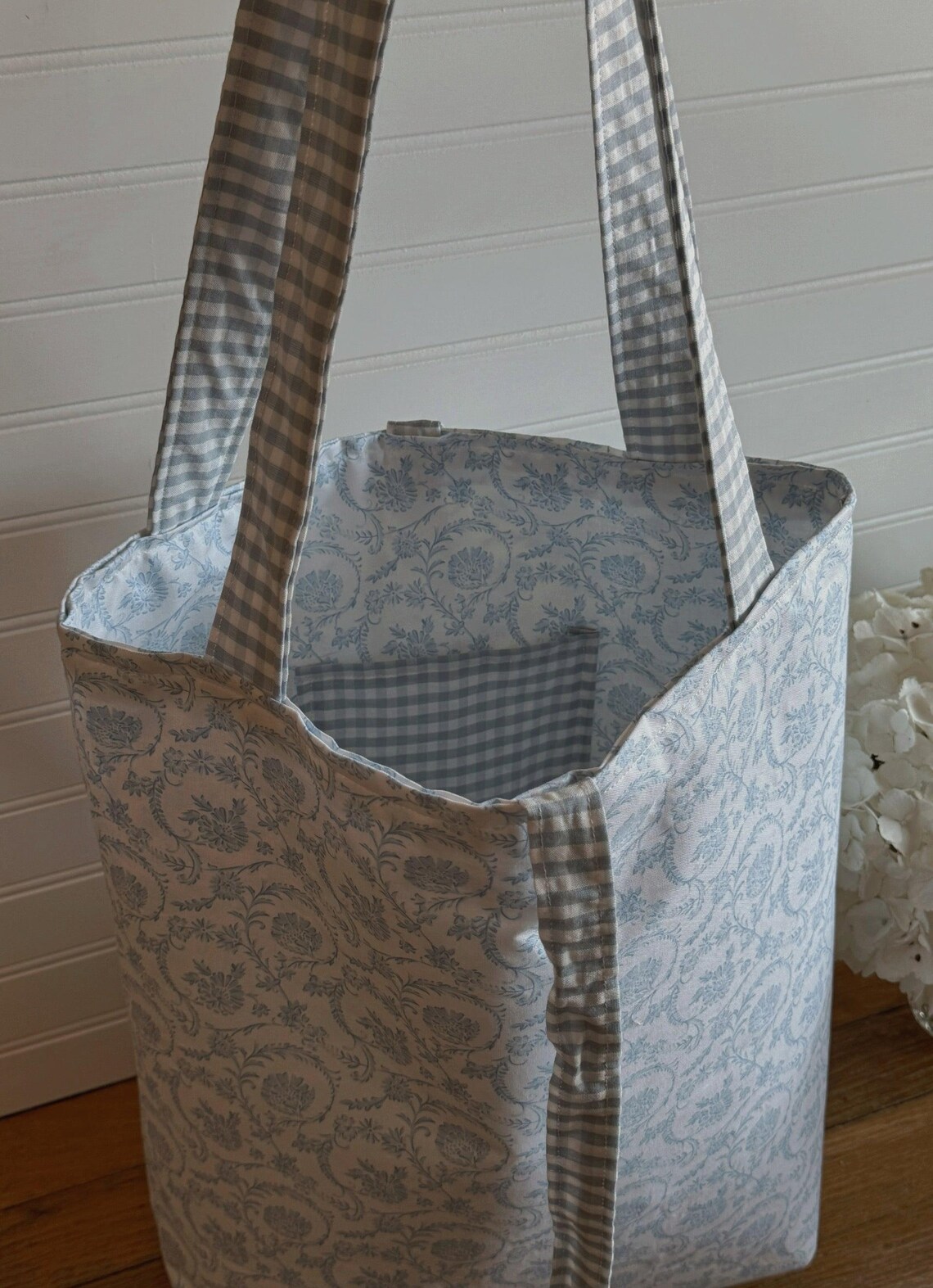 French Blue Floral & Gingham Tote Bag - Etsy