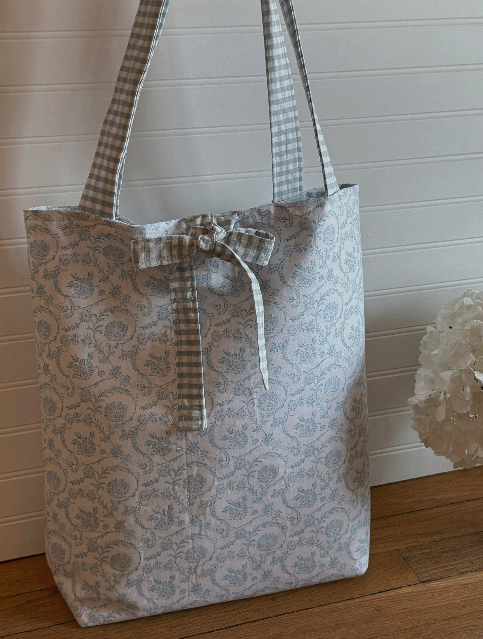 French Blue Floral & Gingham Tote Bag - Etsy