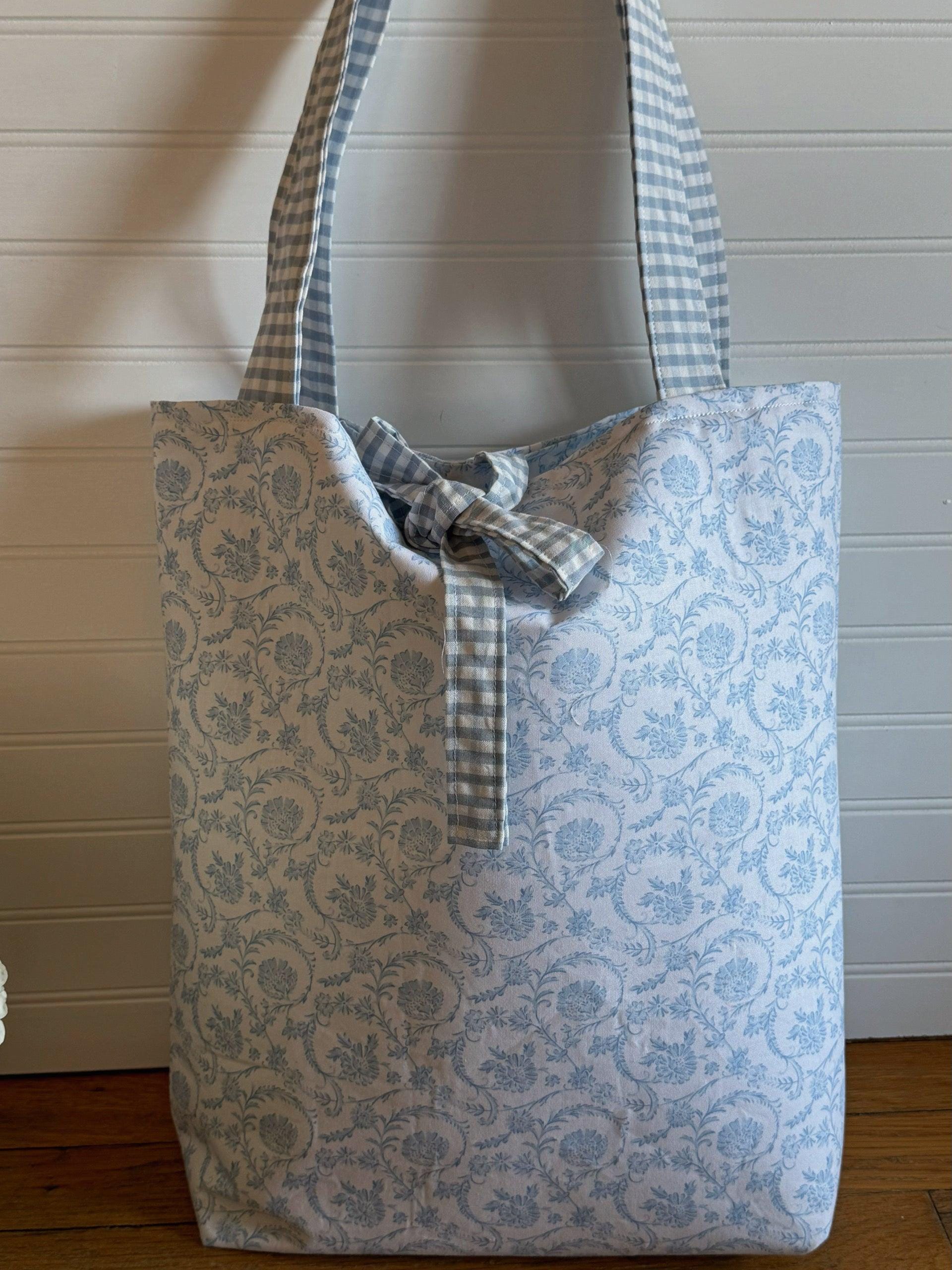 French Blue Floral & Gingham Tote Bag - Etsy