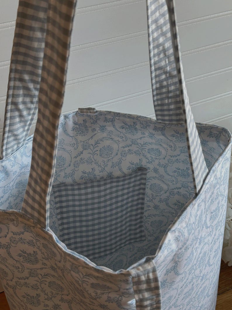 French Blue Floral & Gingham Tote Bag - Etsy