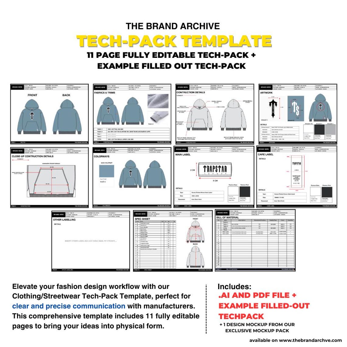 Streetwear Clothing Techpack Guide Clothing Brand Fashion Mockup Graphic Design Tool for Adobe ...