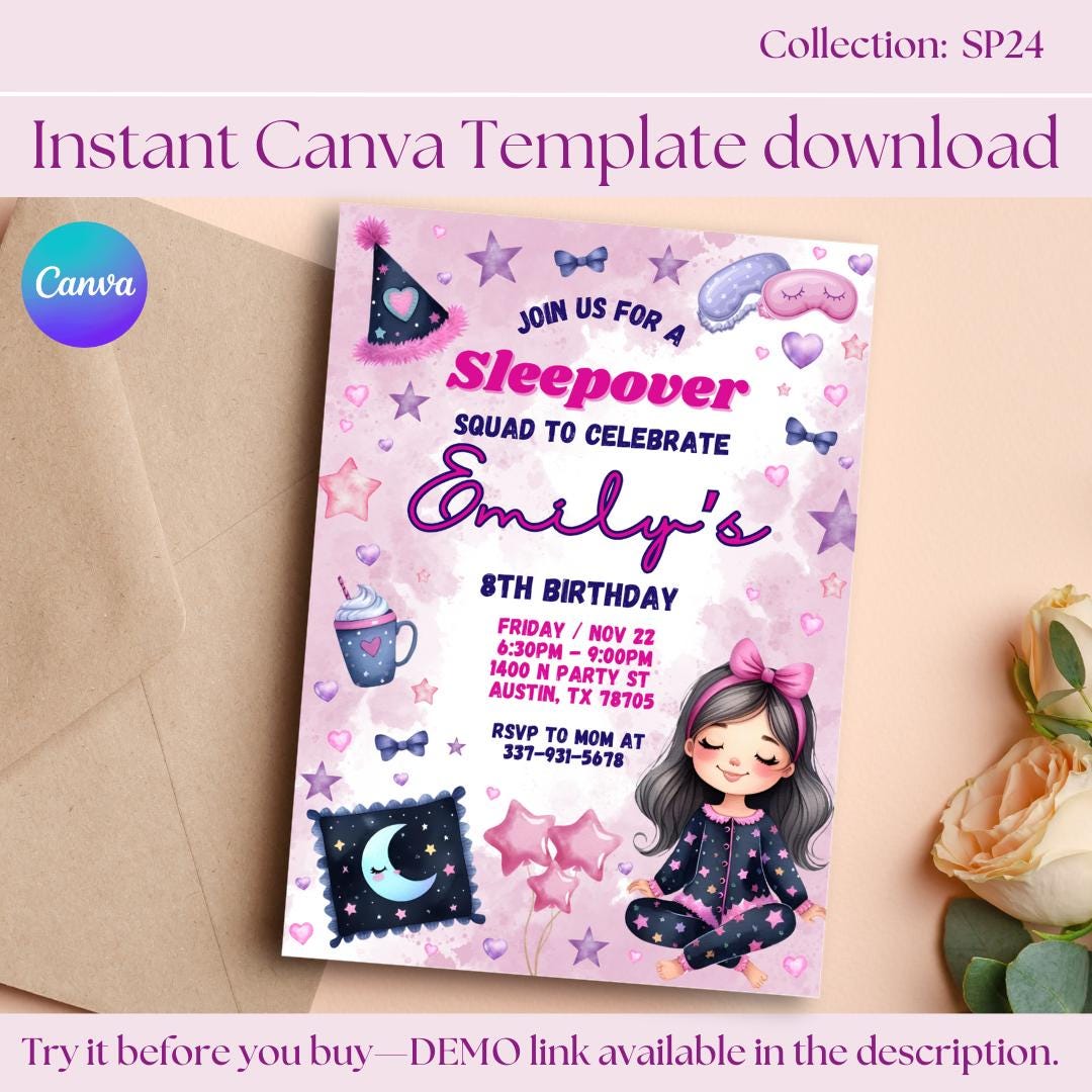 Editable Sleepover Squad Invitation Slumber Party for Girls Pink Spa ...
