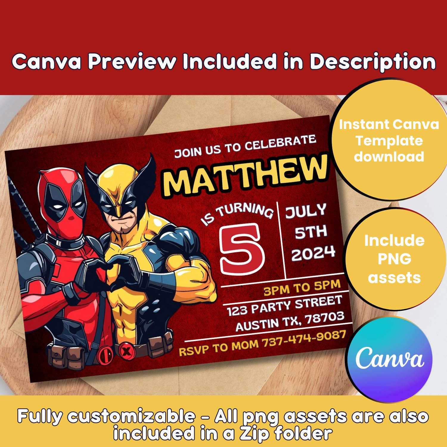 Deadpool 3 Invitation Template Canva Custom Party Invite Superhero ...