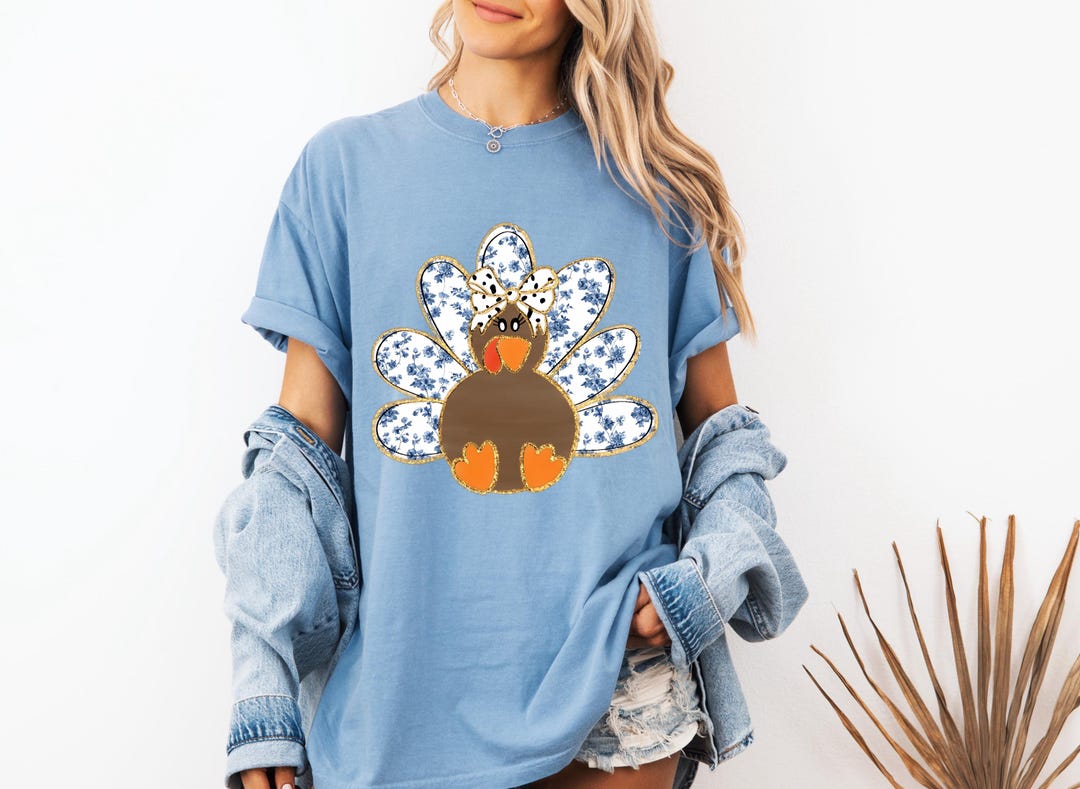 Thanksgiving Turkey Toile Blue Floral Coquette Bow Dalmatian Gold PNG ...