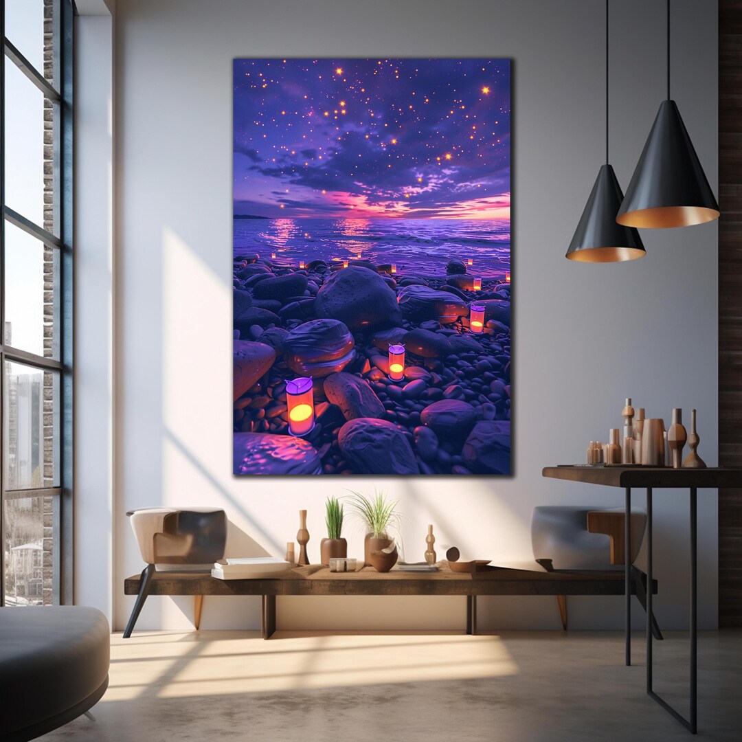 Zen Spa Stones Glass Wall Decor, Stained Glass Wall Art, Night Beach ...