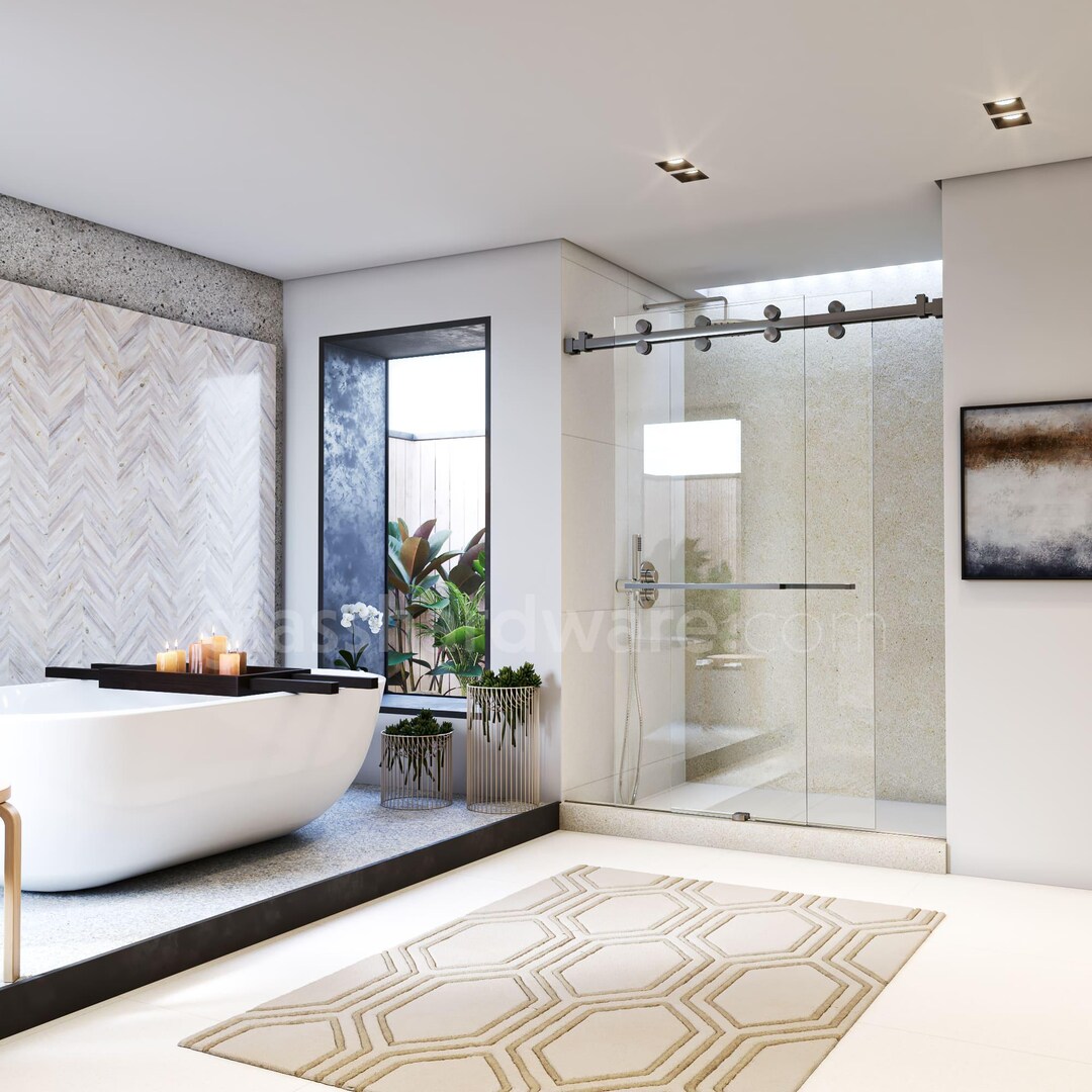 TUB ENCLOSURE Twin Bypass Barn Style Frameless Sliding System Gold ...