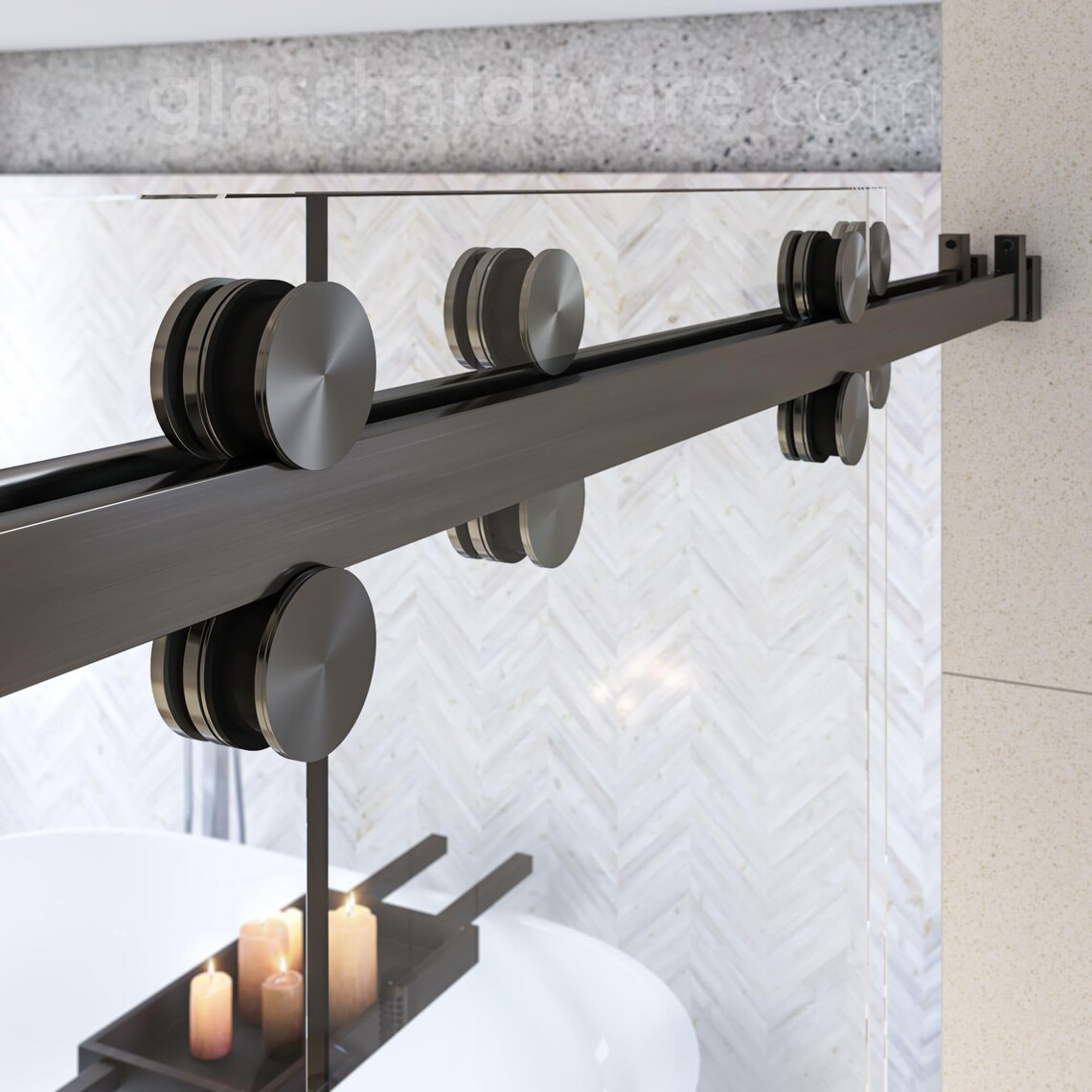 TUB ENCLOSURE Twin Bypass Barn Style Frameless Sliding System Gold ...