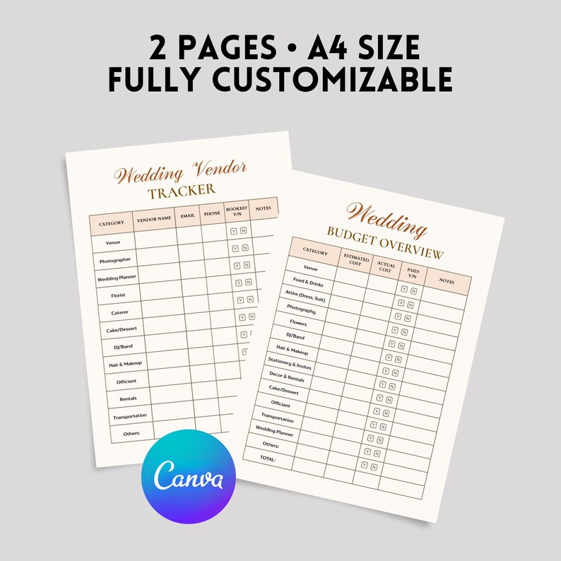 Editable Wedding Planner: Vendor Tracker & Budget (canva Template, A4 ...