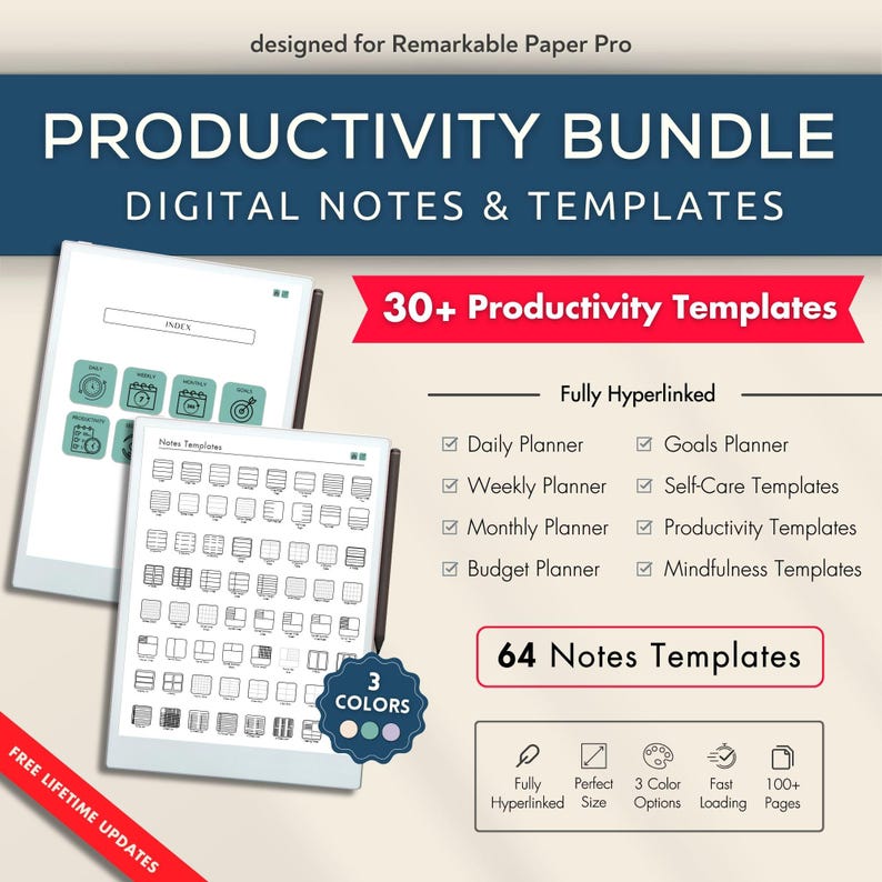 Remarkable Paper Pro Templates Productivity Bundle RMPP Digital Notes ...