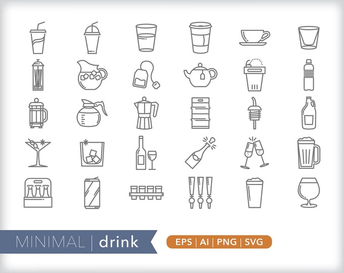 BAR MENU Icons Beer Cocktail Juice Mocktail Spirits Coffee Tea Wedding ...