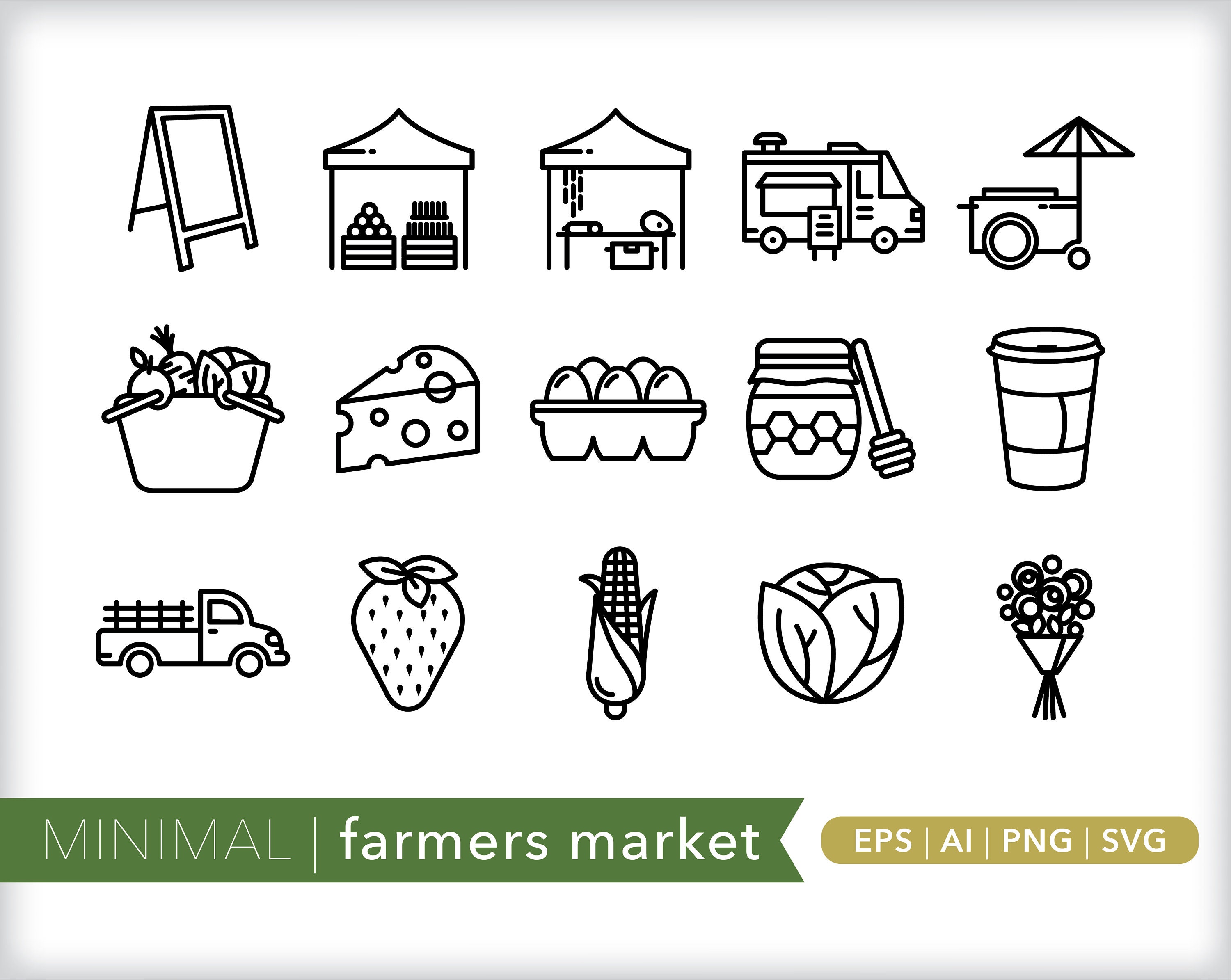 Farmers Market Icon Set: Food Illustrations, SVG, PNG, AI (digital ...