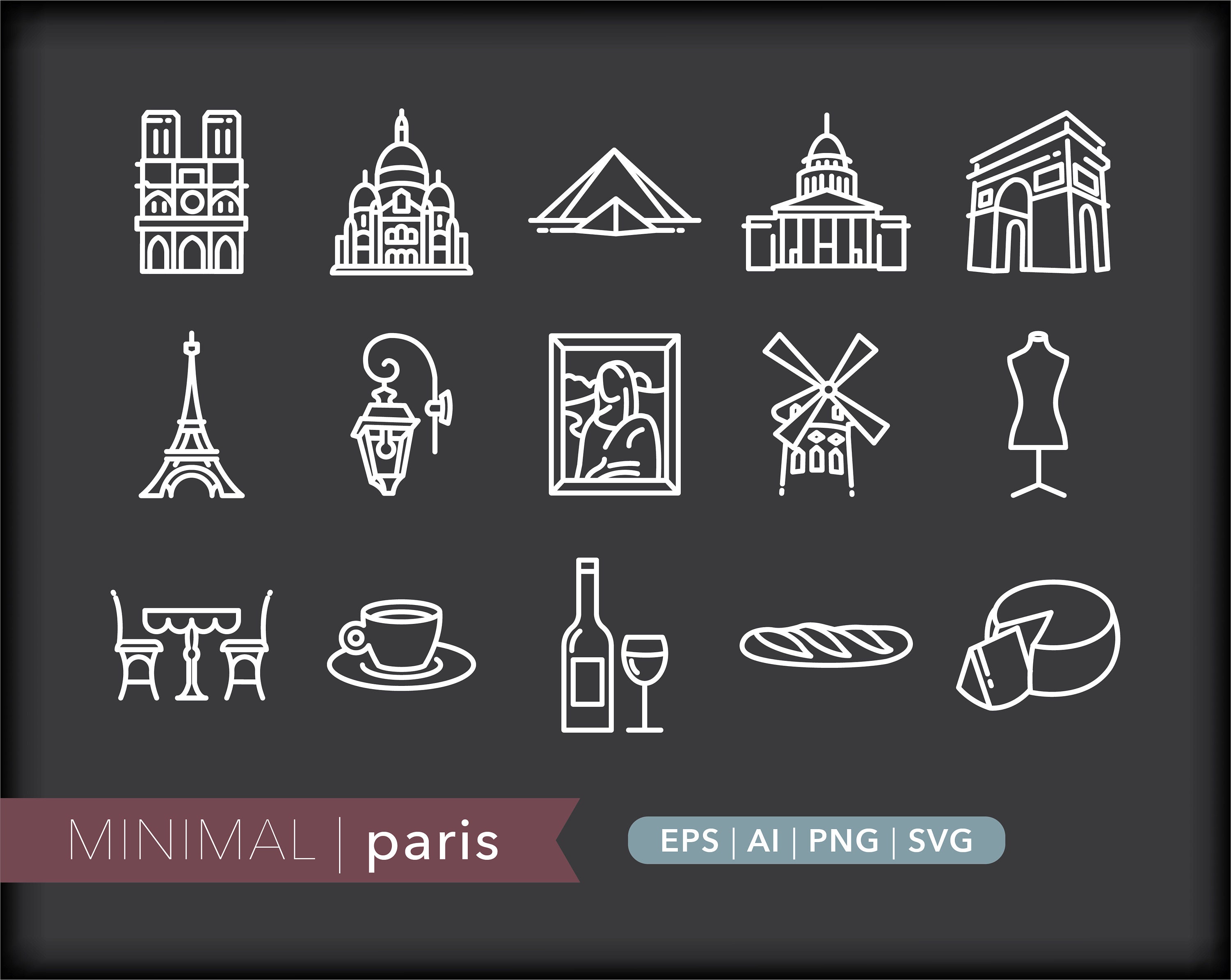 Paris Icon Set: French Landmarks, Culture Graphics (SVG, AI, PNG ...